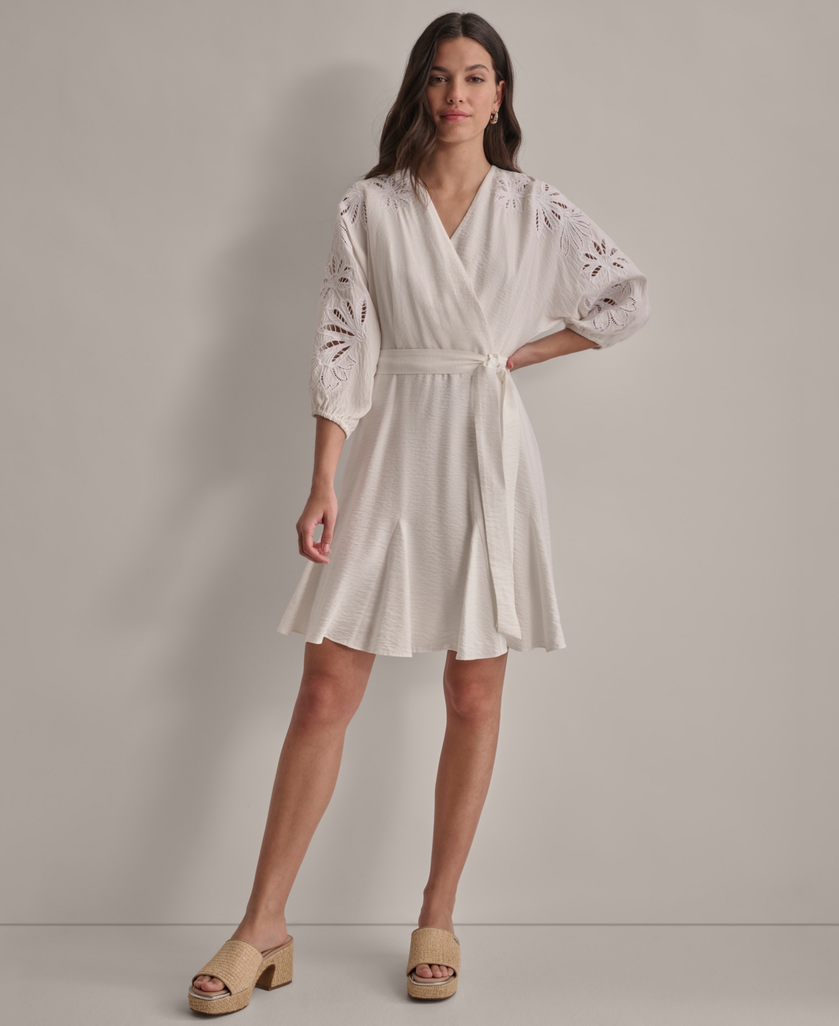 Click here for Dkny Womens V-neck Embroidered-trim Belted Dress -... prices