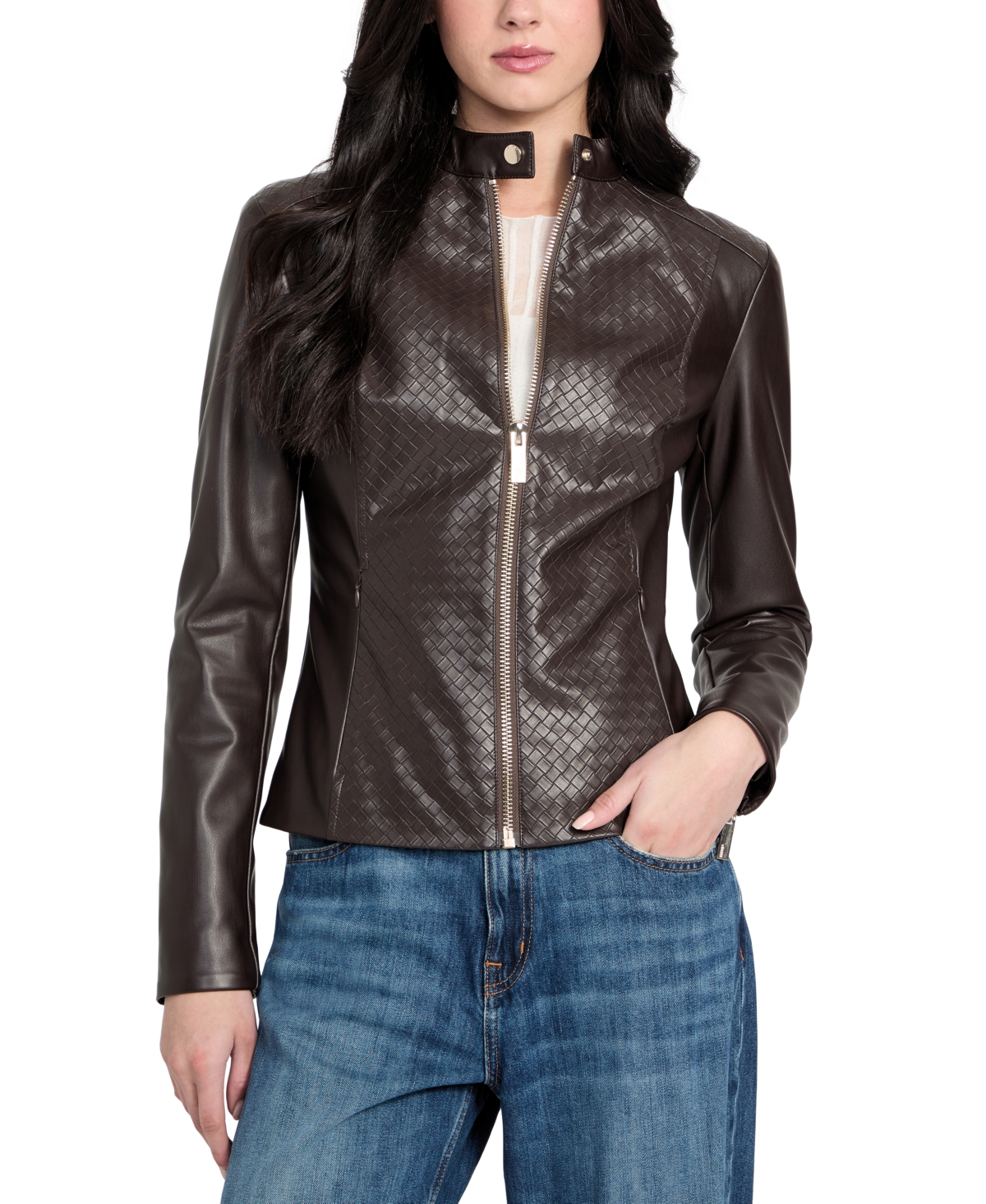 Click here for Guess Womens Faux-Leather Basketweave Jacket - New... prices