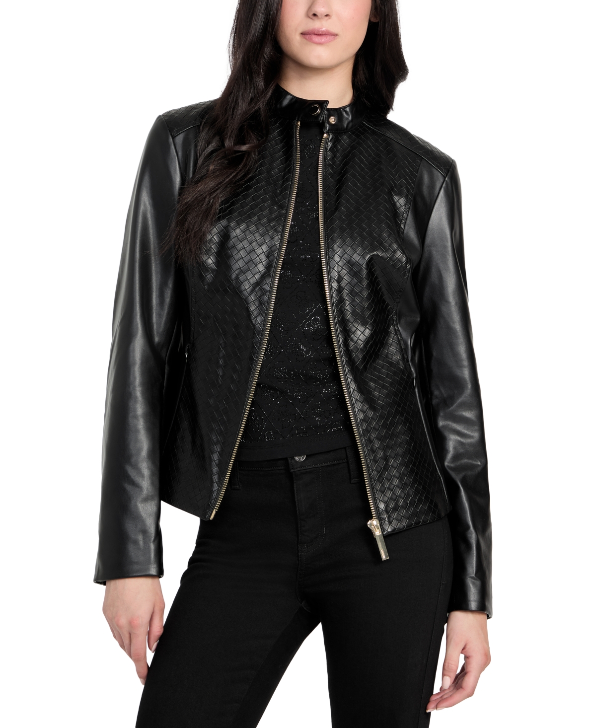 Click here for Guess Womens Faux-Leather Basketweave Jacket - Bla... prices