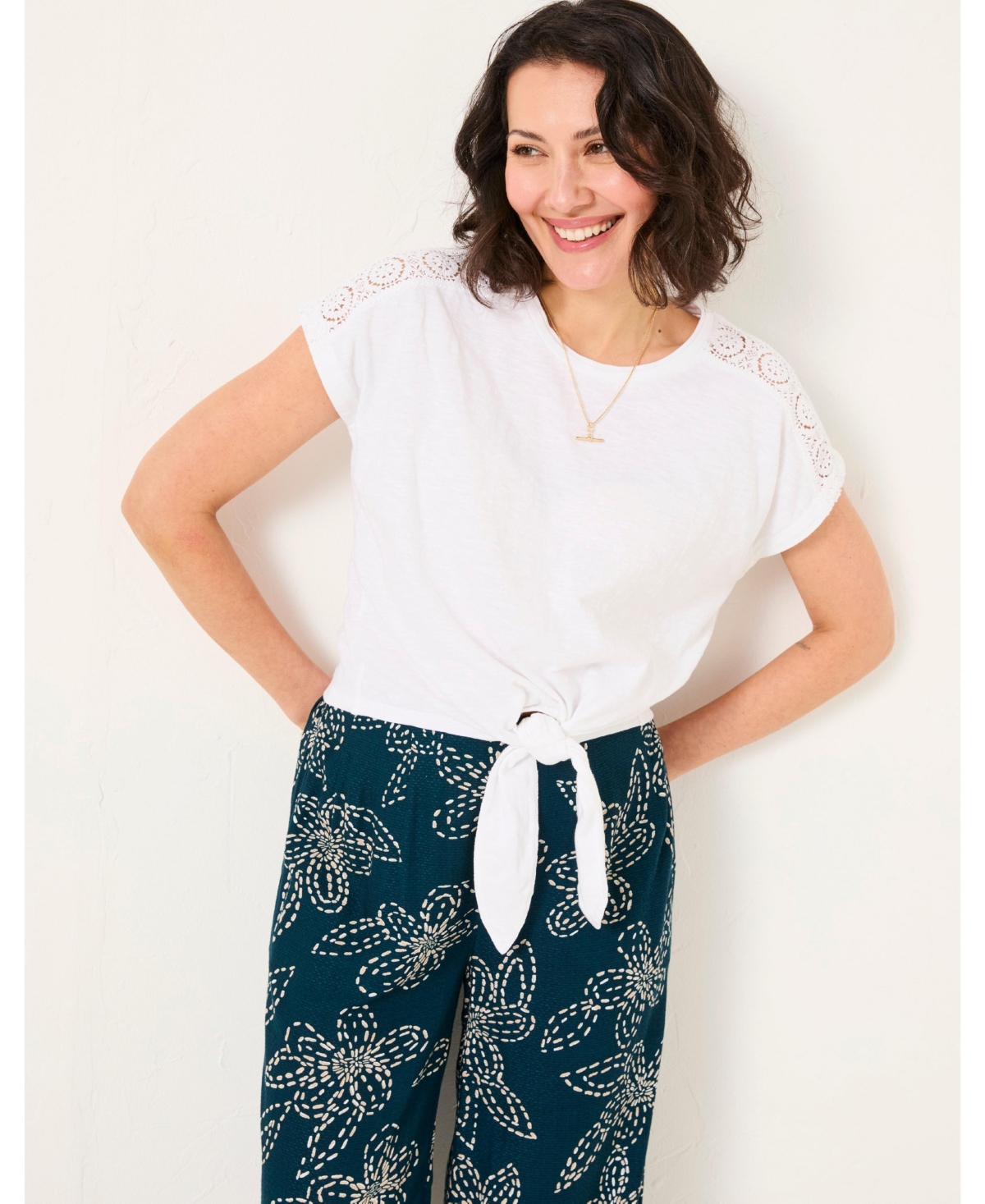 Click here for FatFace Womens Lace Tie Front Shirt - White prices