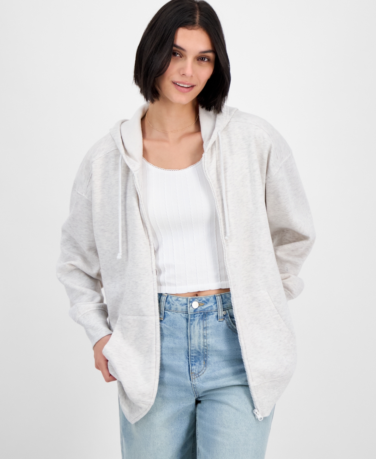 Click here for Hippie Rose Juniors Oversized Full-Zip Hoodie - Wh... prices