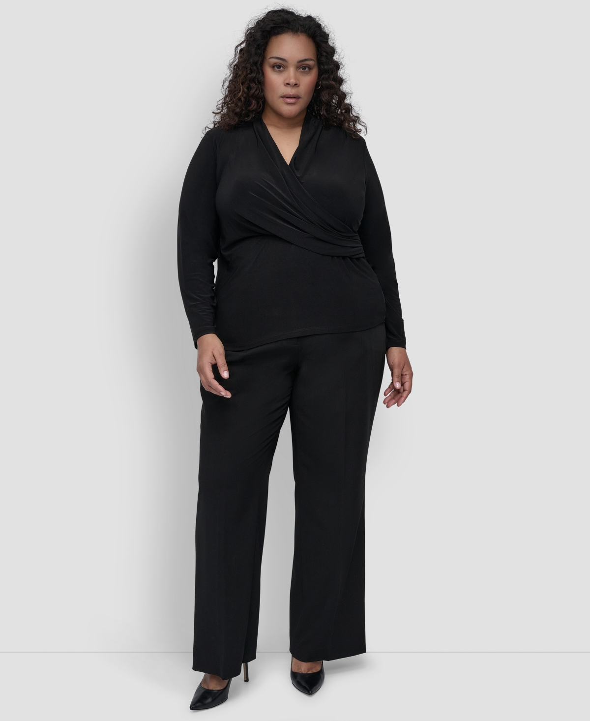 Click here for Dkny Plus Size Long-Sleeve Faux-Wrap Top - Black prices