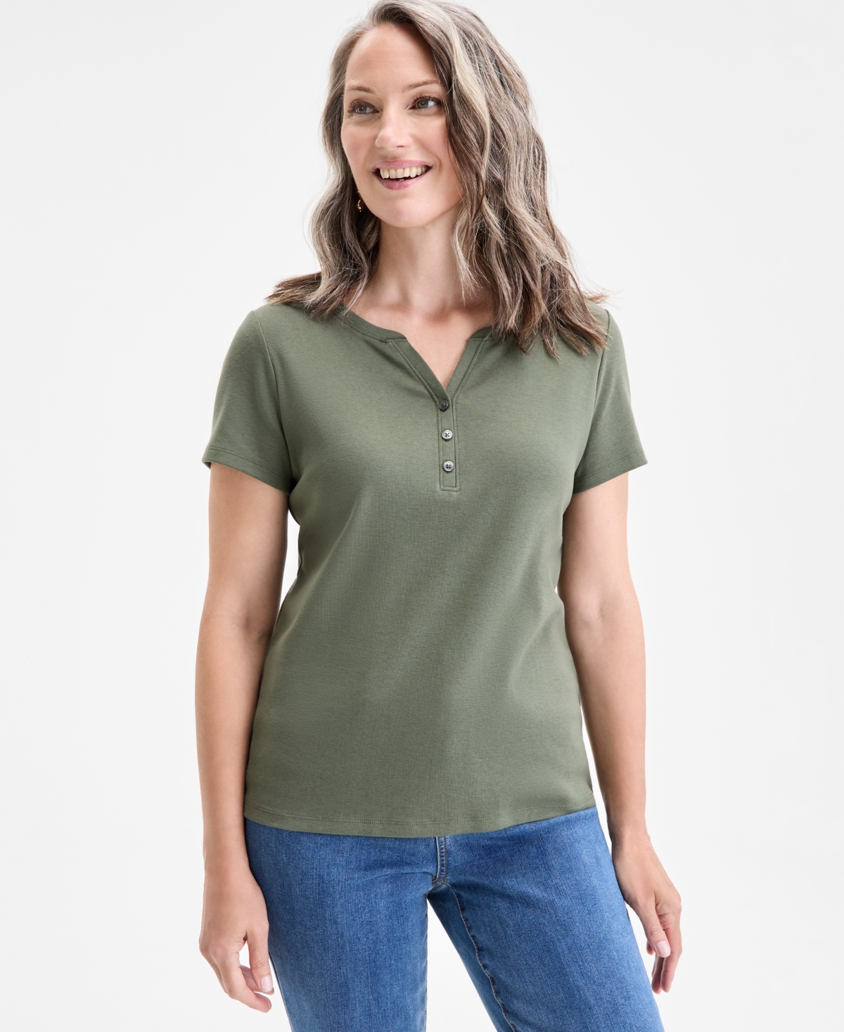 Click here for Style & Co Womens Short-Sleeve Cotton Henley Top... prices
