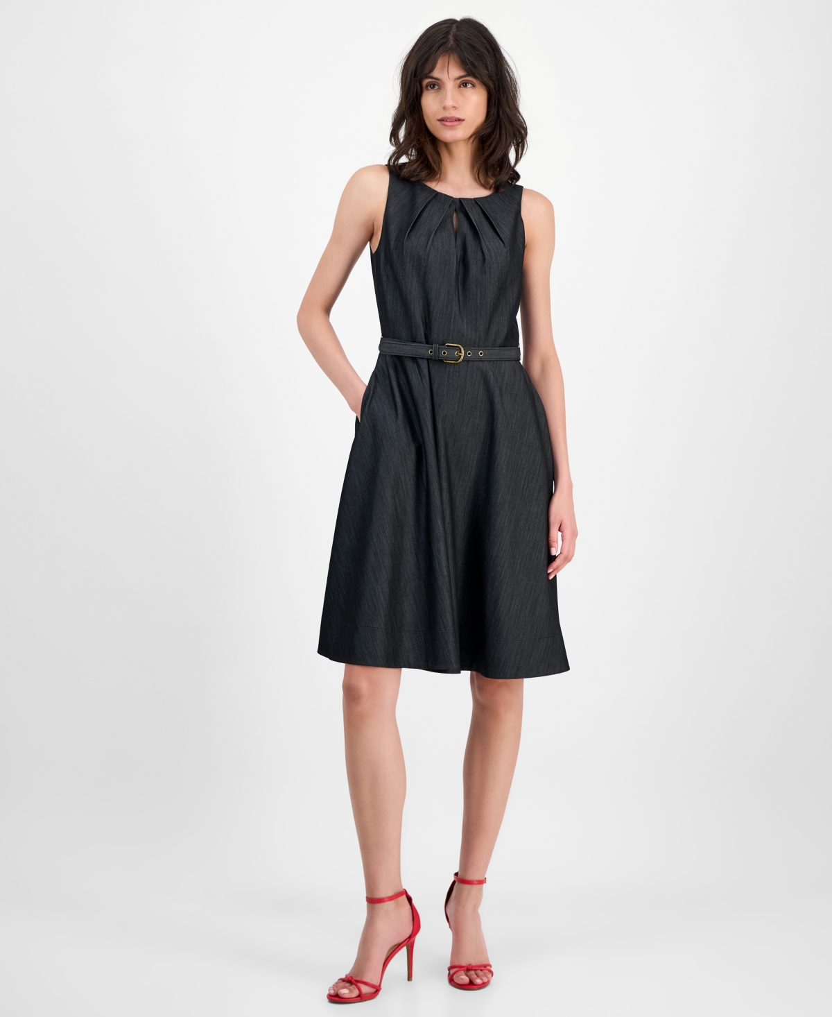 Click here for Tahari Asl Womens Belted Soft Denim Sleeveless Fit... prices