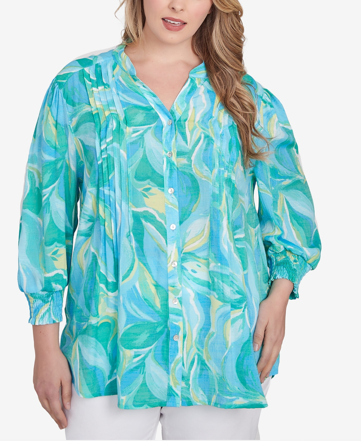 Click here for Ruby Rd. Plus Size Abstract Tropical Silky Button... prices