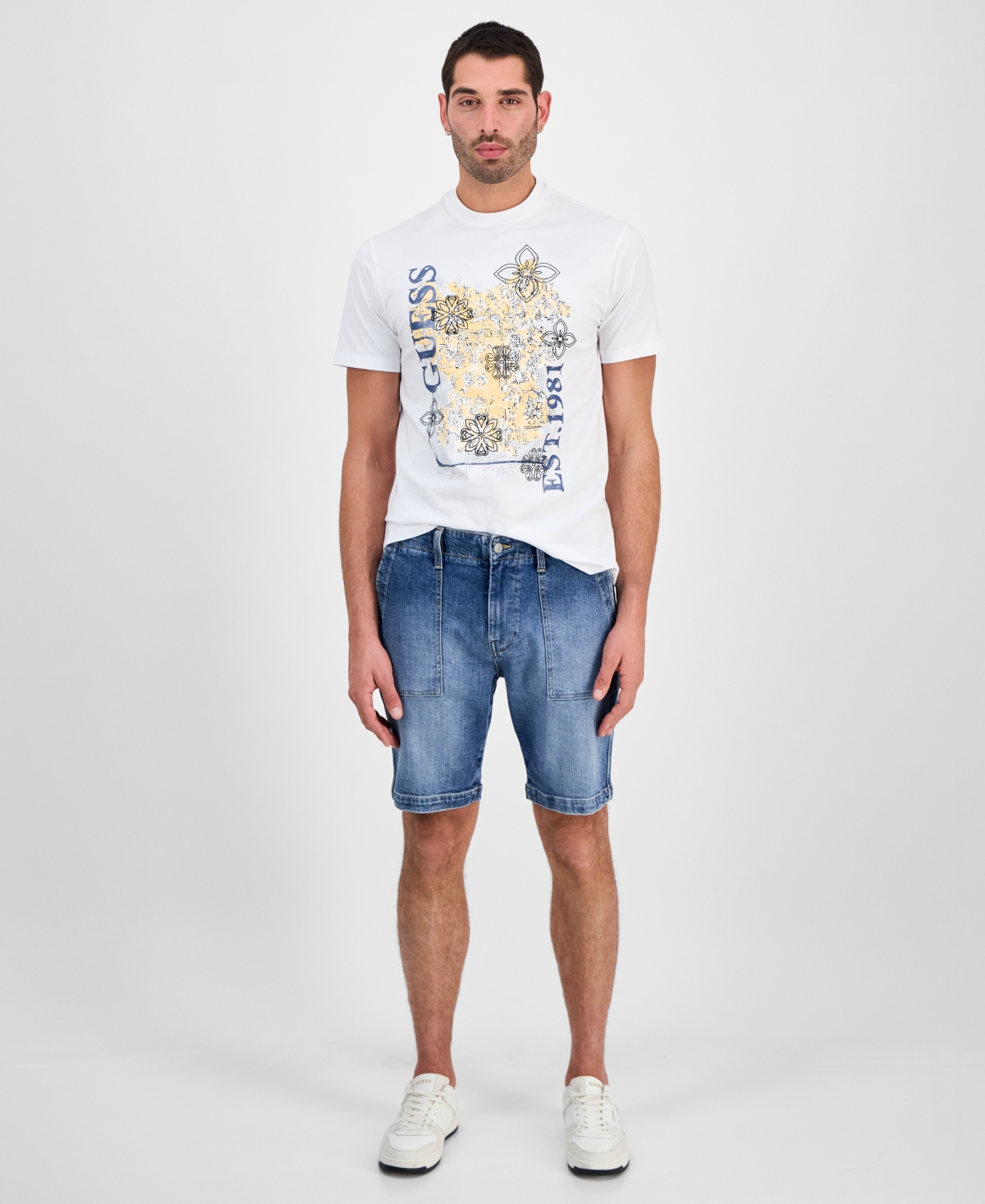 Click here for Guess Mens Denim Utility 9 Shorts - Stone Pine prices