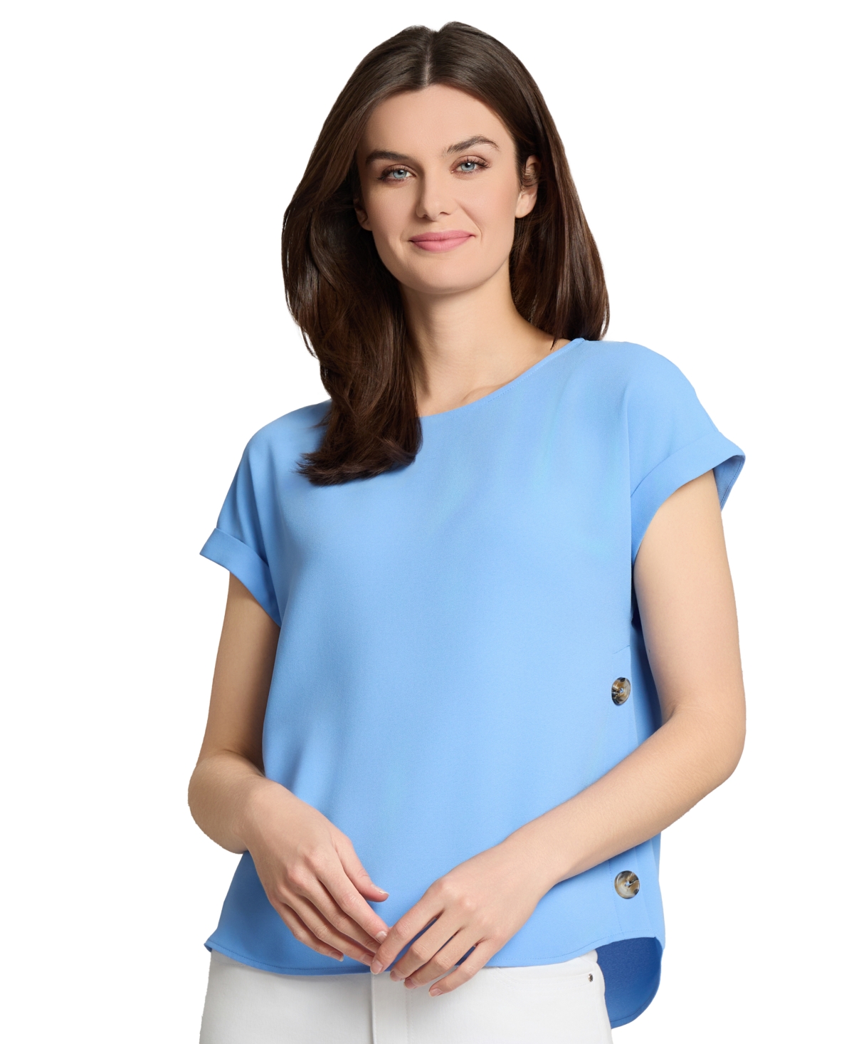 Click here for Jones New York Petite Round-Neck Side-Button Short... prices