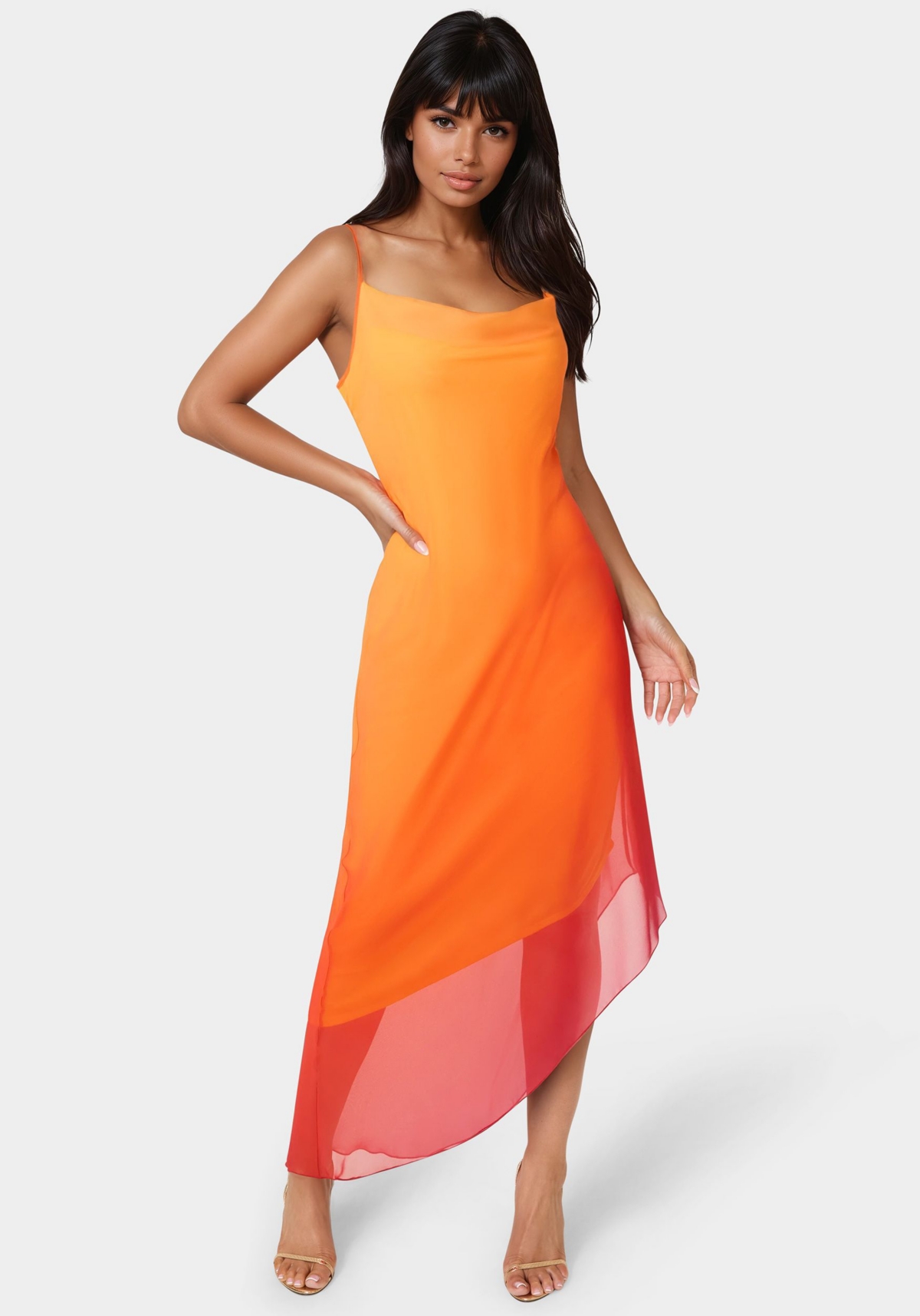 Click here for Bebe Womens Ombre Chiffon Cowl Dress - Orange fuch... prices