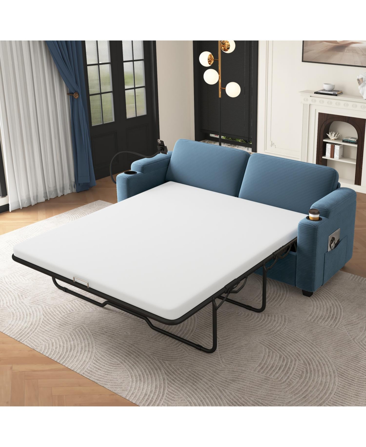 Click here for Navy Corduroy Sleeper Sofa with Mattress  Usb Port... prices