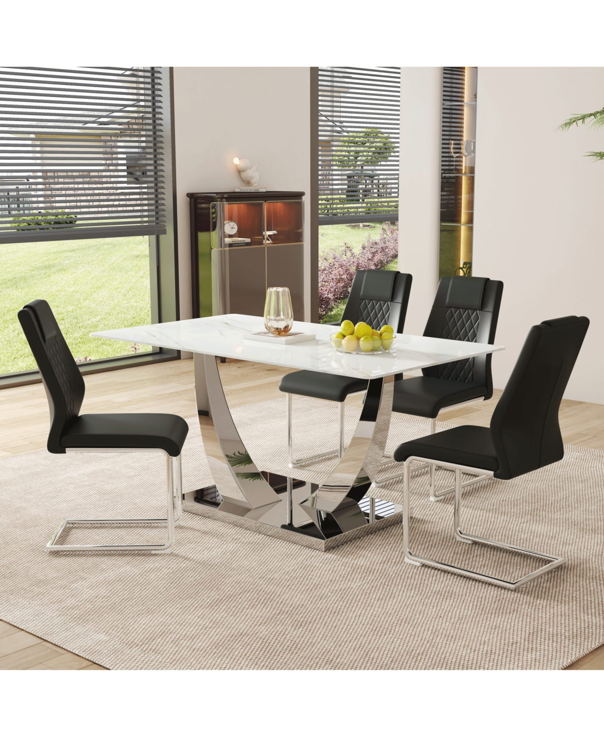 Click here for Modern Glass Dining Set: Marble Top Table & 4 Blac... prices