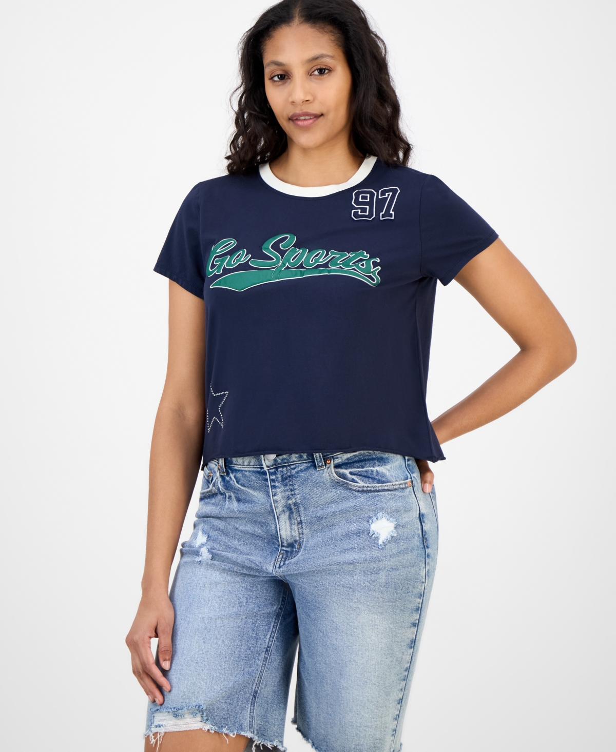 Click here for Madden Girl Juniors Sporty Crewneck T-Shirt - Navy... prices