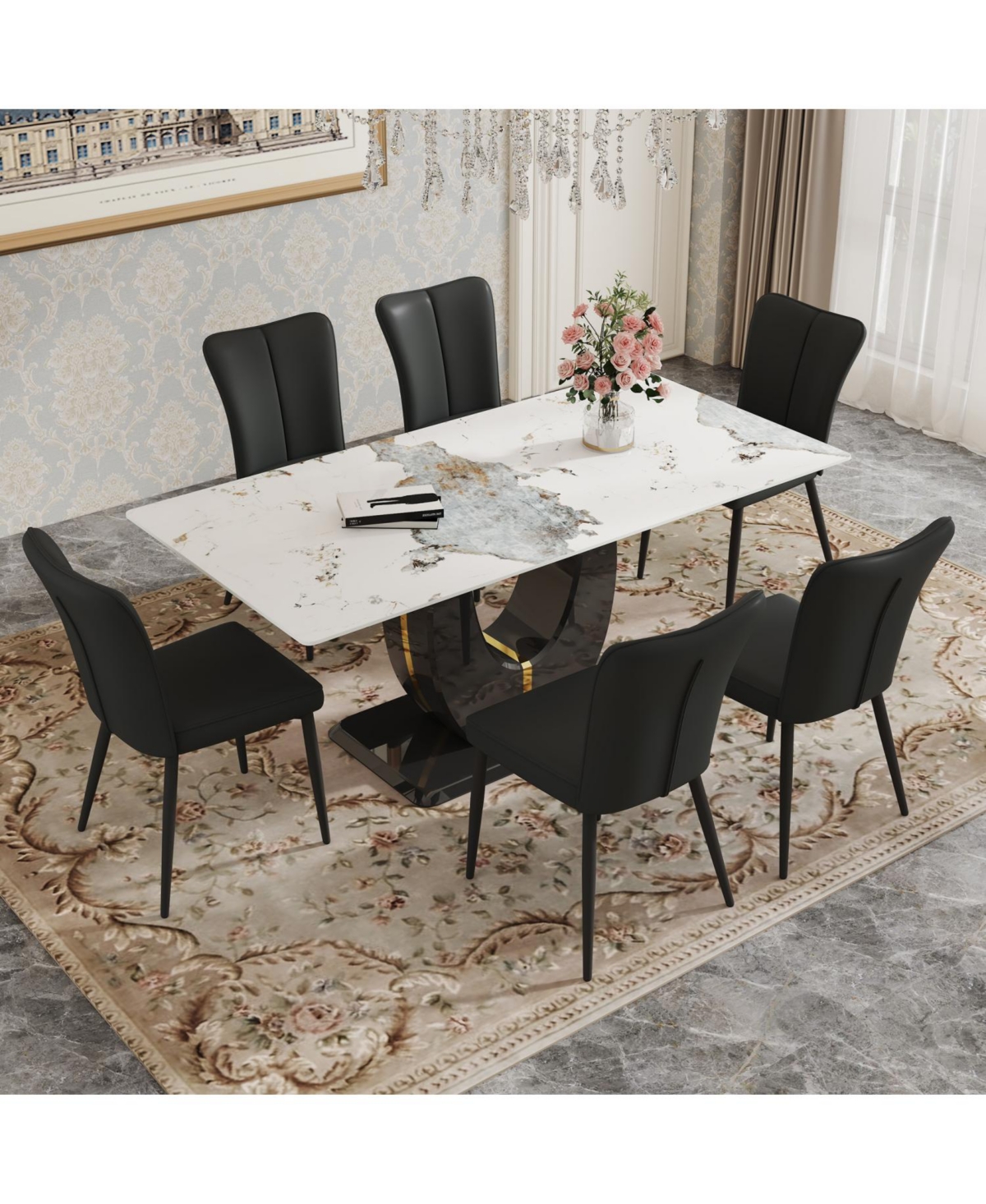 Click here for Pandora Dining Table Set: 6 Black Pu Chairs & 71&#... prices