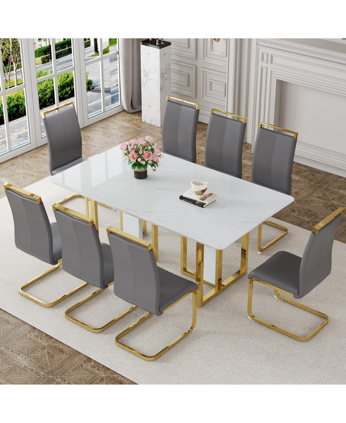 Click here for White Marble Dining Set: 67"x36" Table w... prices