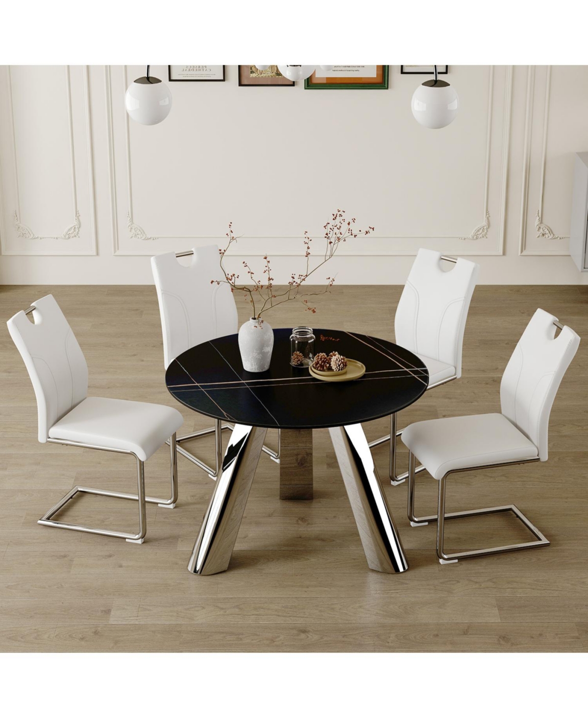 Click here for Streamdale Round Stainless Steel Table and 4 White... prices