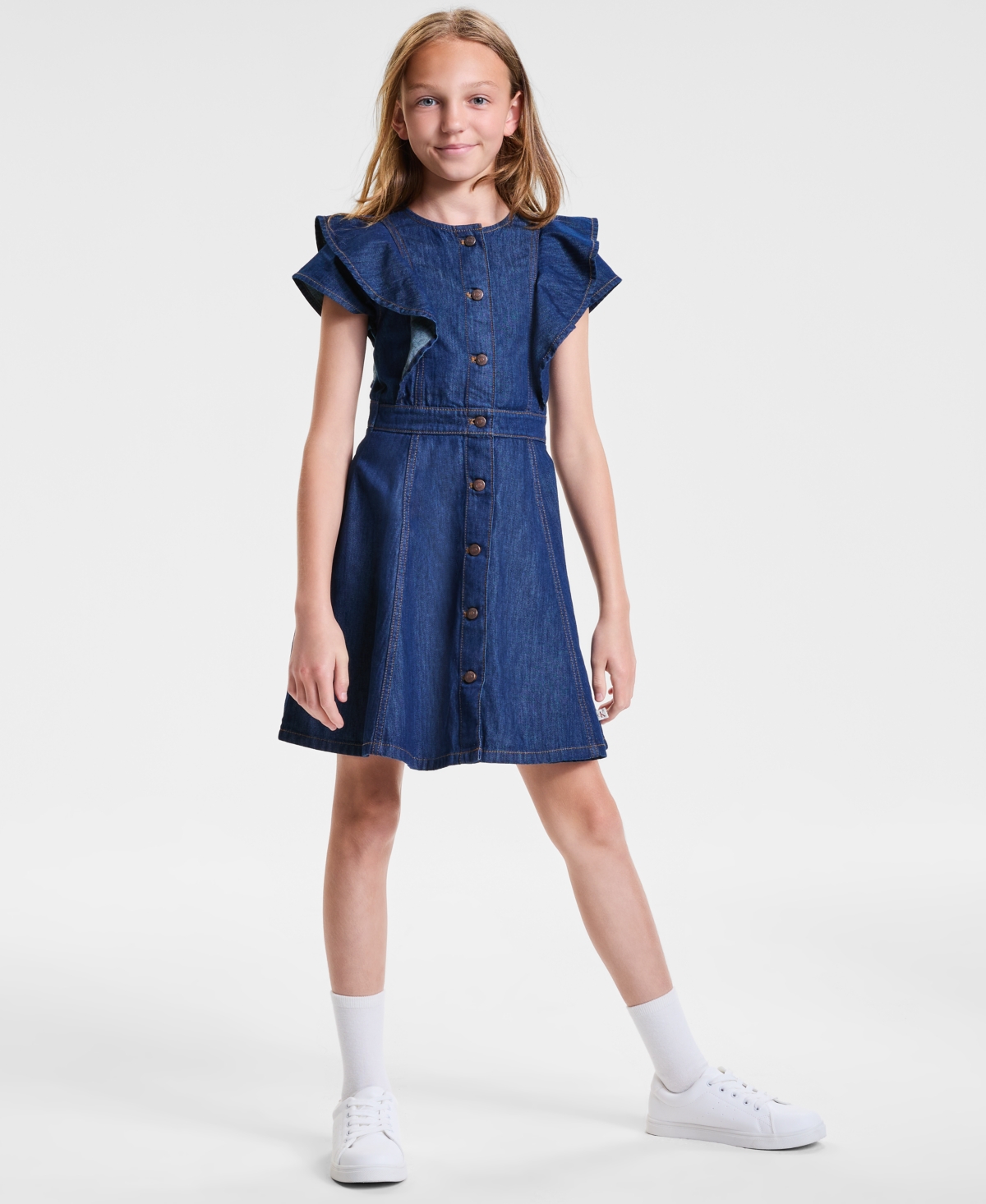 Click here for Calvin Klein Big Girls Flutter-Sleeve Denim Dress... prices