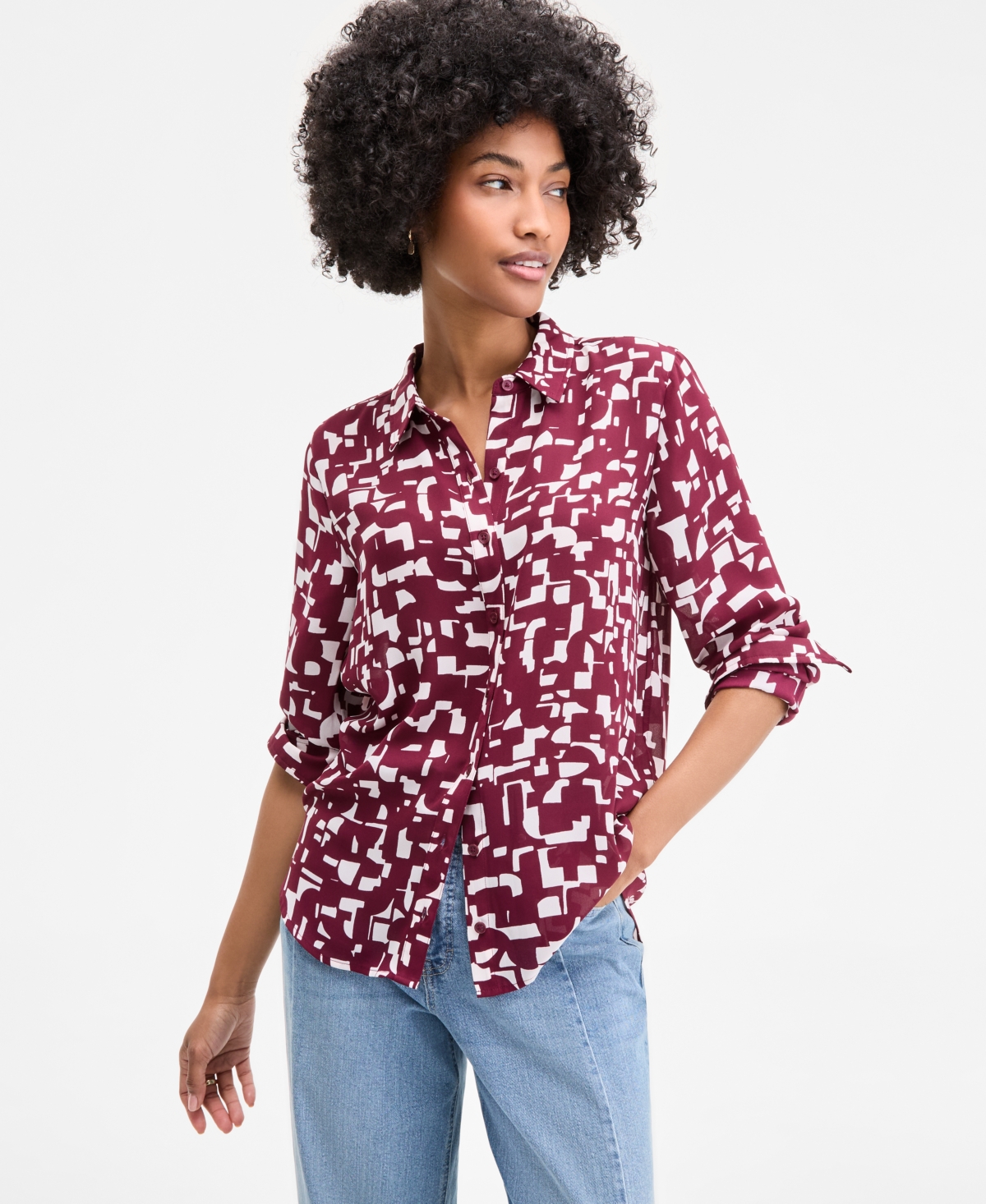On 34th Womens Printed Silky Button-Front Shirt  Exclusively at Macys - Cherry Wine Combo