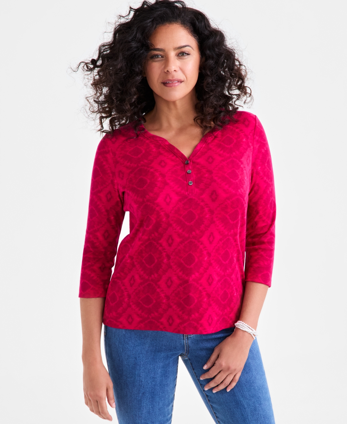 Click here for Style & Co Petite Printed 3/4-Sleeve Henley Knit T... prices
