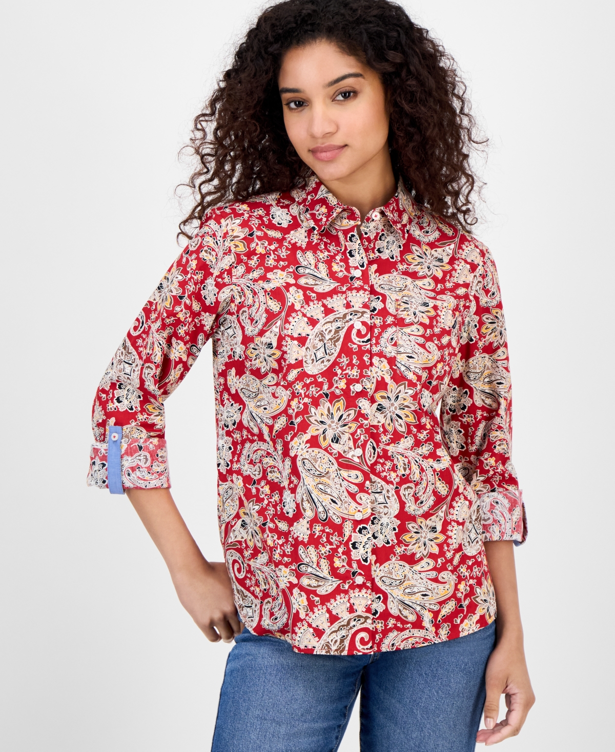 Click here for Nautica Jeans Womens Cotton Paisley-Print Roll-Tab... prices