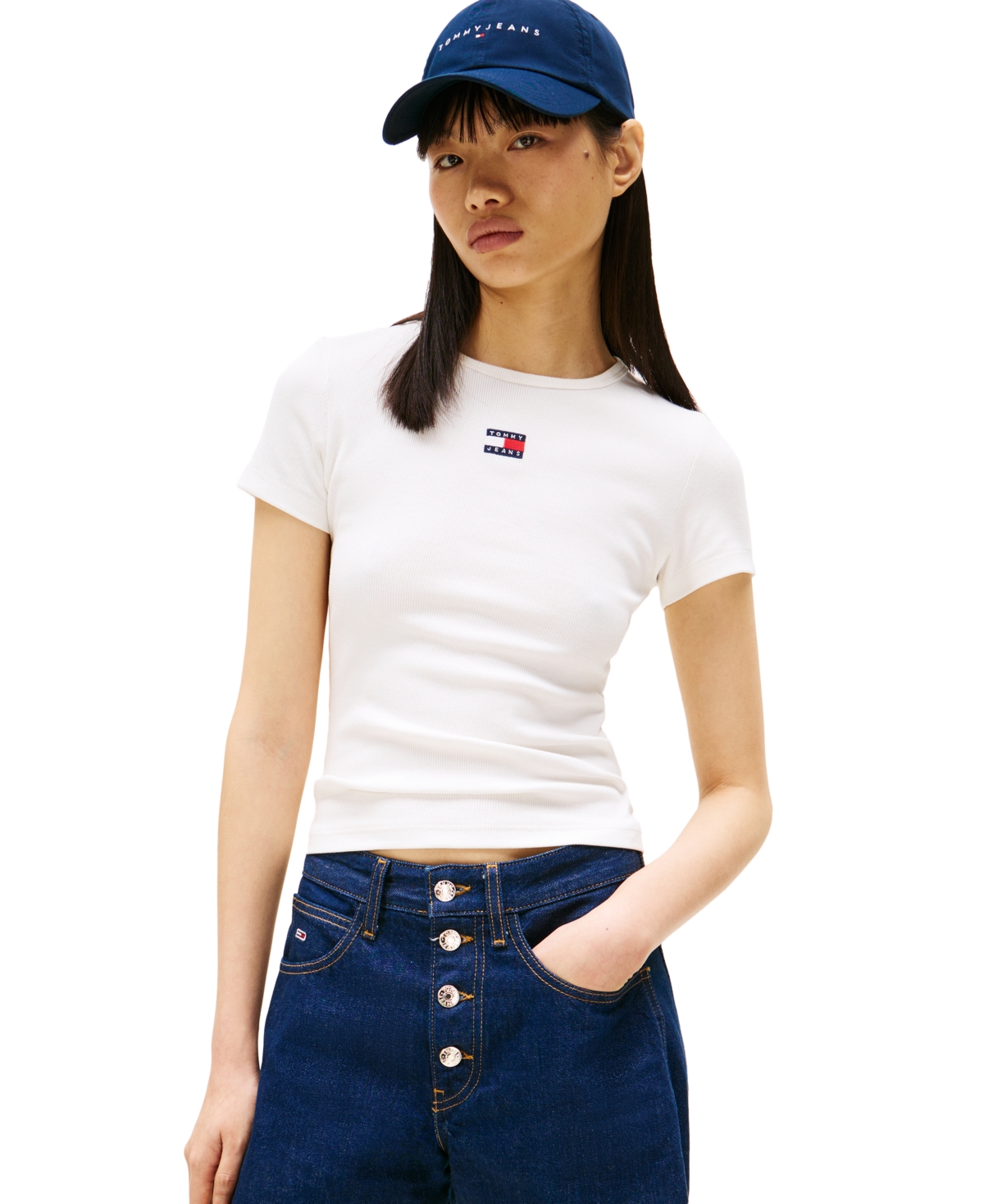 Click here for Tommy Jeans Womens Badge Logo Ribbed T-Shirt - Ecr... prices