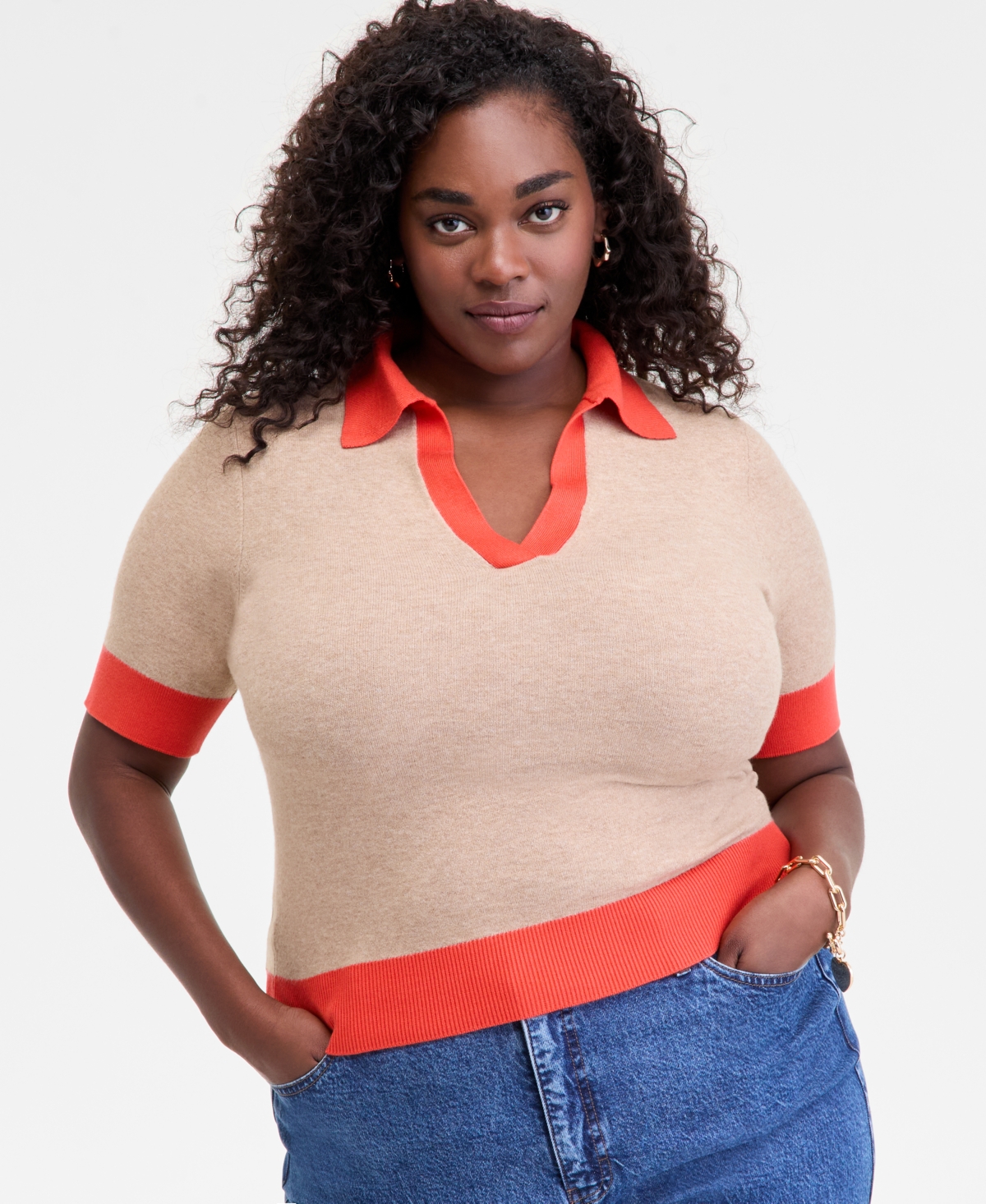 Click here for On 34th Trendy Plus Size Collared Contrast-Trim Sw... prices
