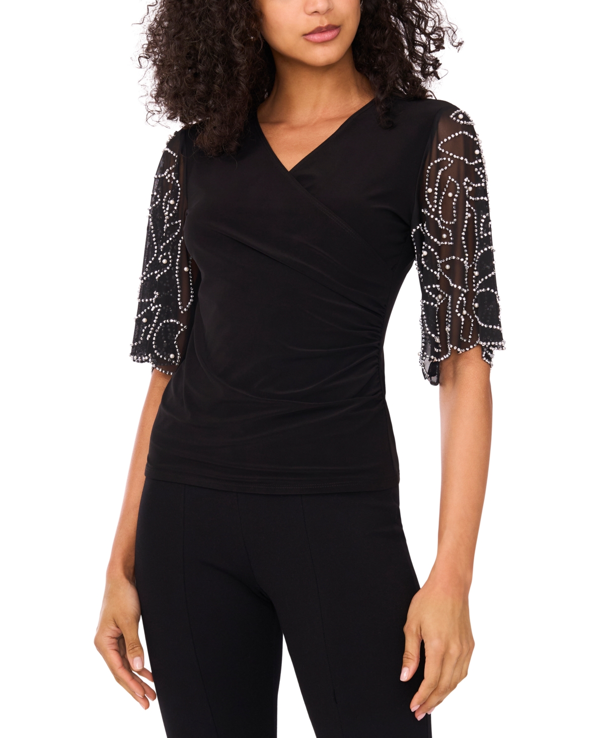 Click here for Msk Petite Short-Sleeve V-Neck Top - Black prices