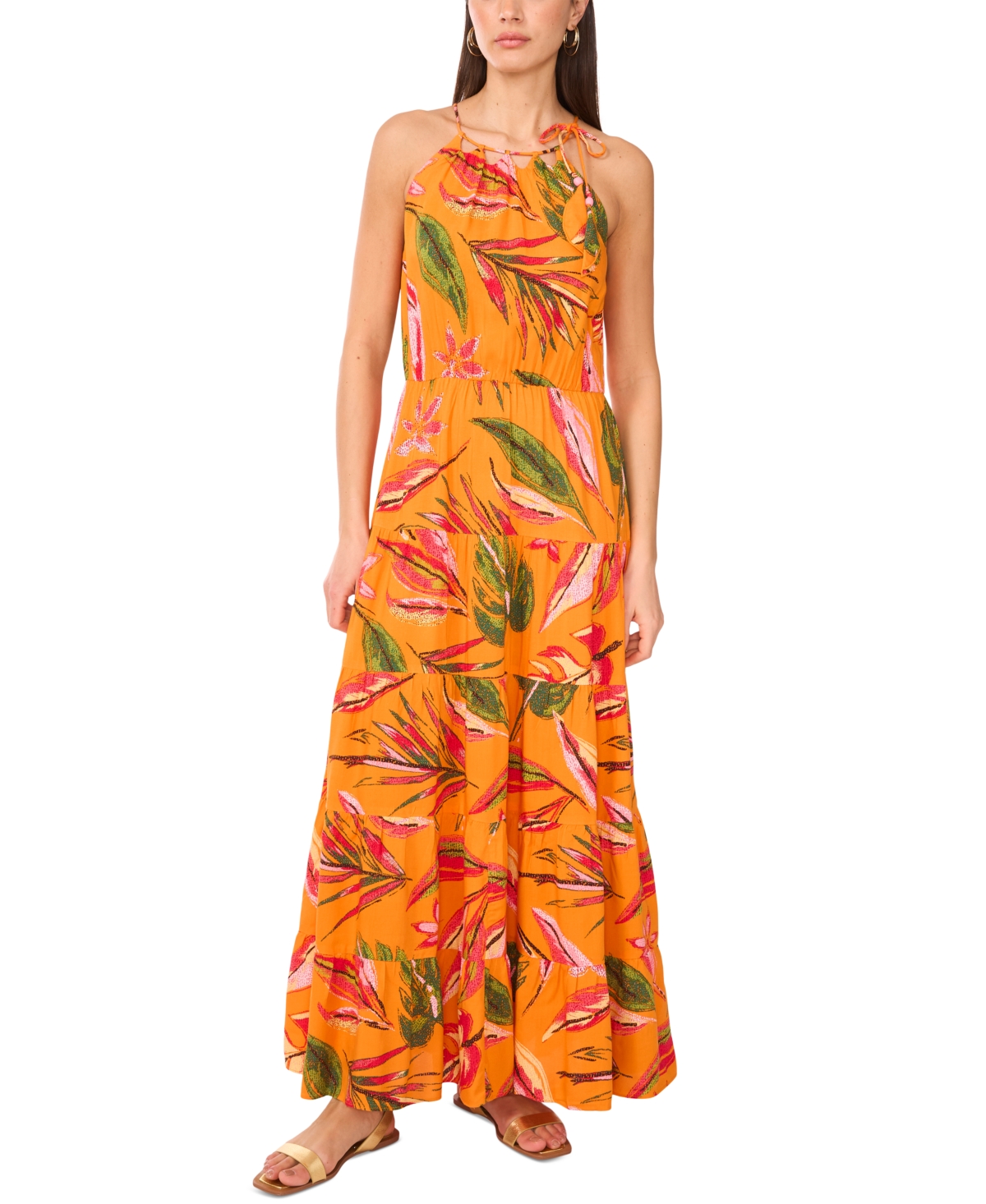 Click here for Vince Camuto Womens Tiered High-Neck Leaf-Print Ma... prices