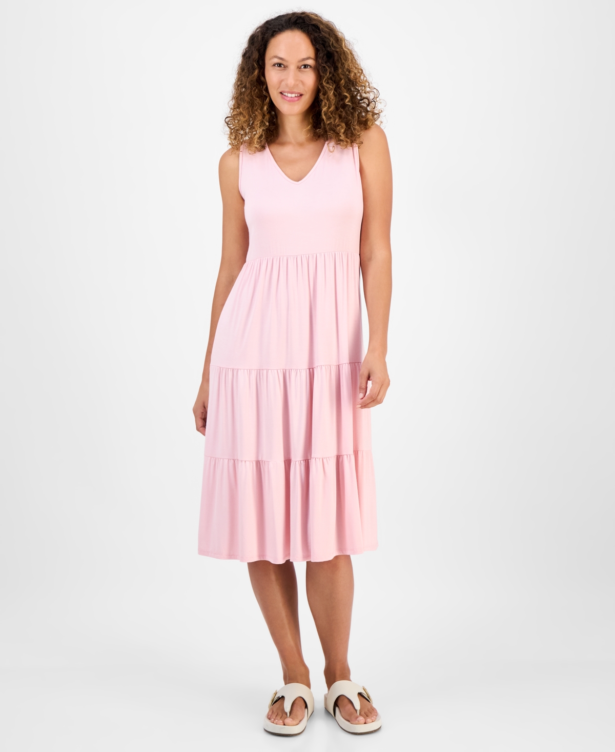 Click here for Style & Co Petite V-Neck Tiered Sleeveless Midi Dr... prices