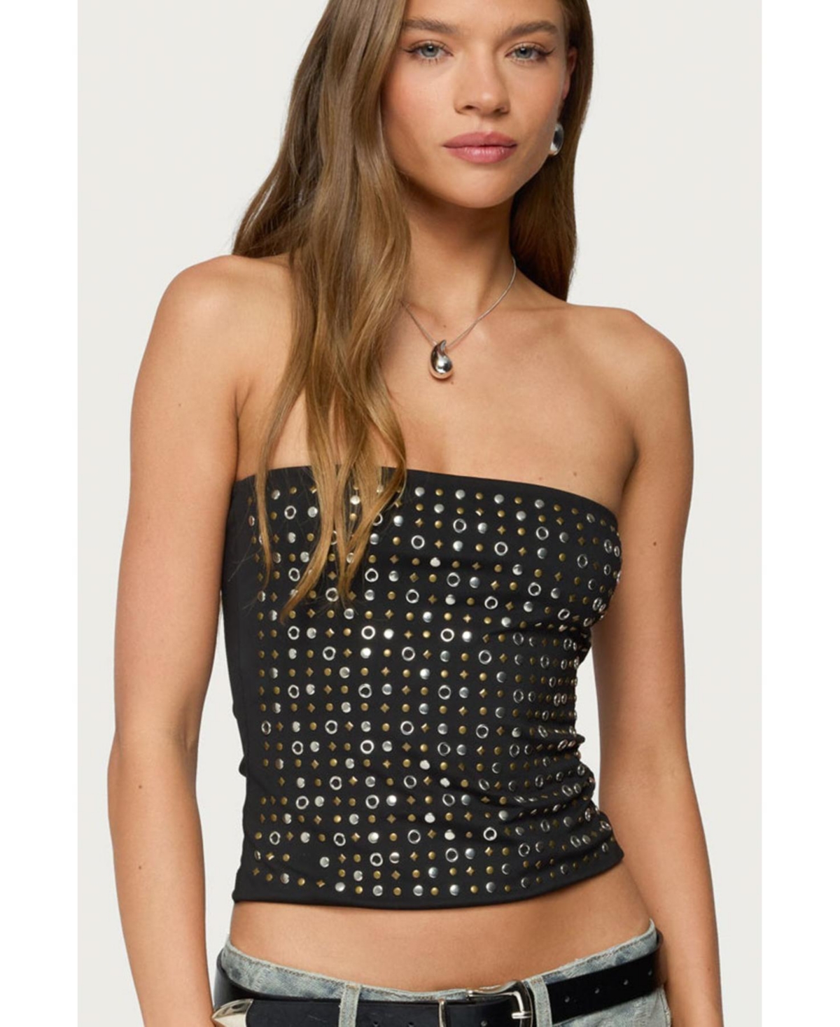Click here for Edikted Womens Blanco Studded Grommet Tube Top - B... prices