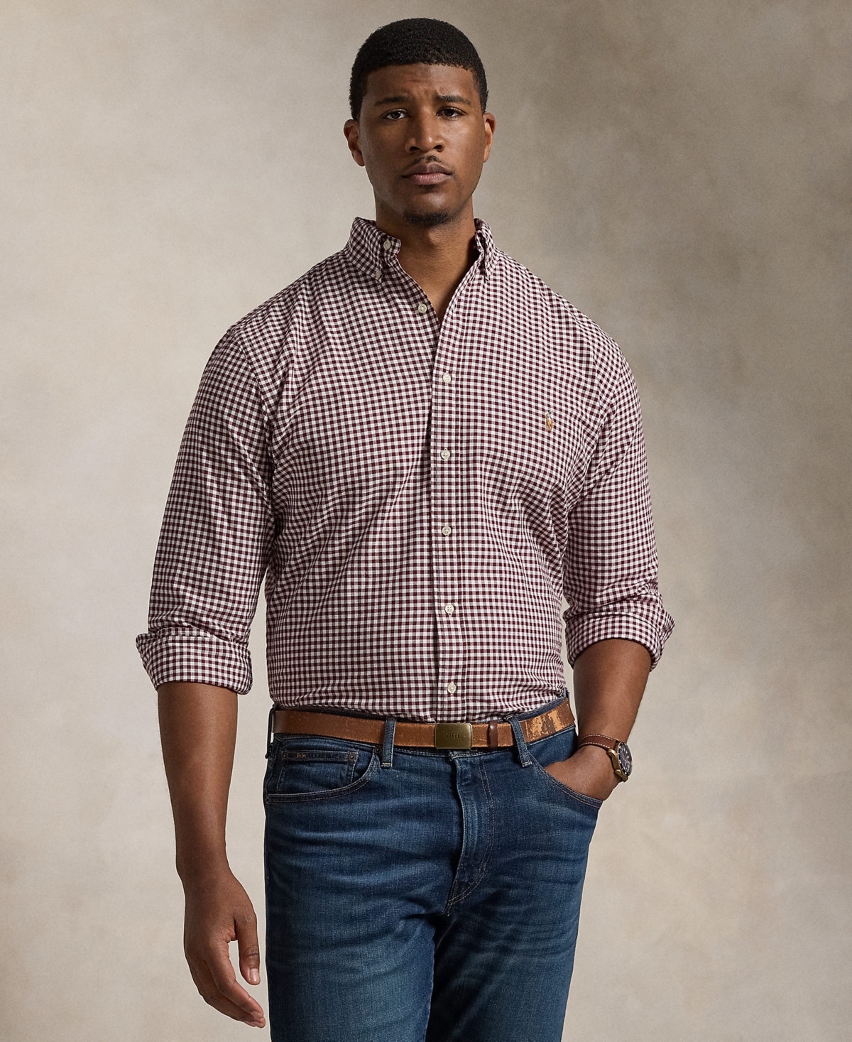 Polo Ralph Lauren Mens Big & Tall Cotton Oxford Shirt - Wine/white