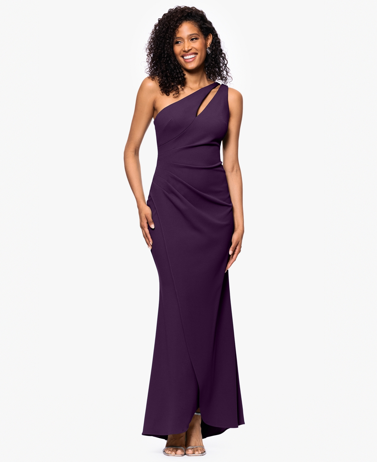 Click here for Betsy & Adam Petite One-Shoulder Ruched Gown - Mul... prices