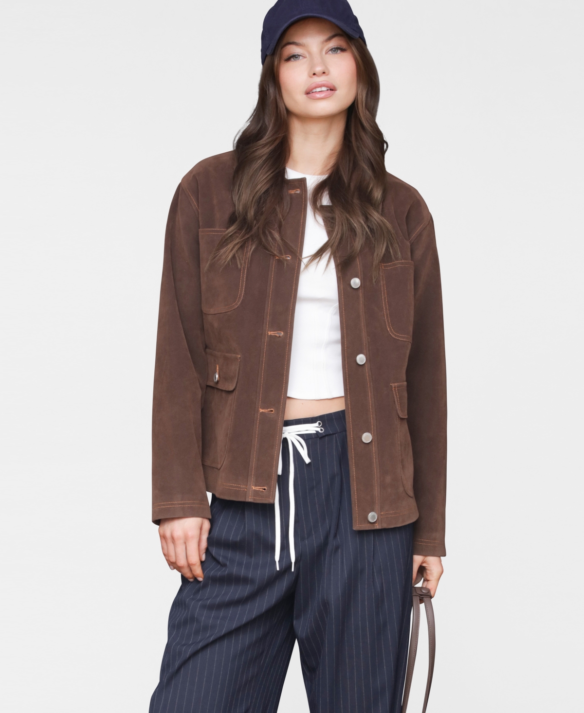 Avec Les Filles Womens Wing-Collar Faux-Suede Jacket - Espresso