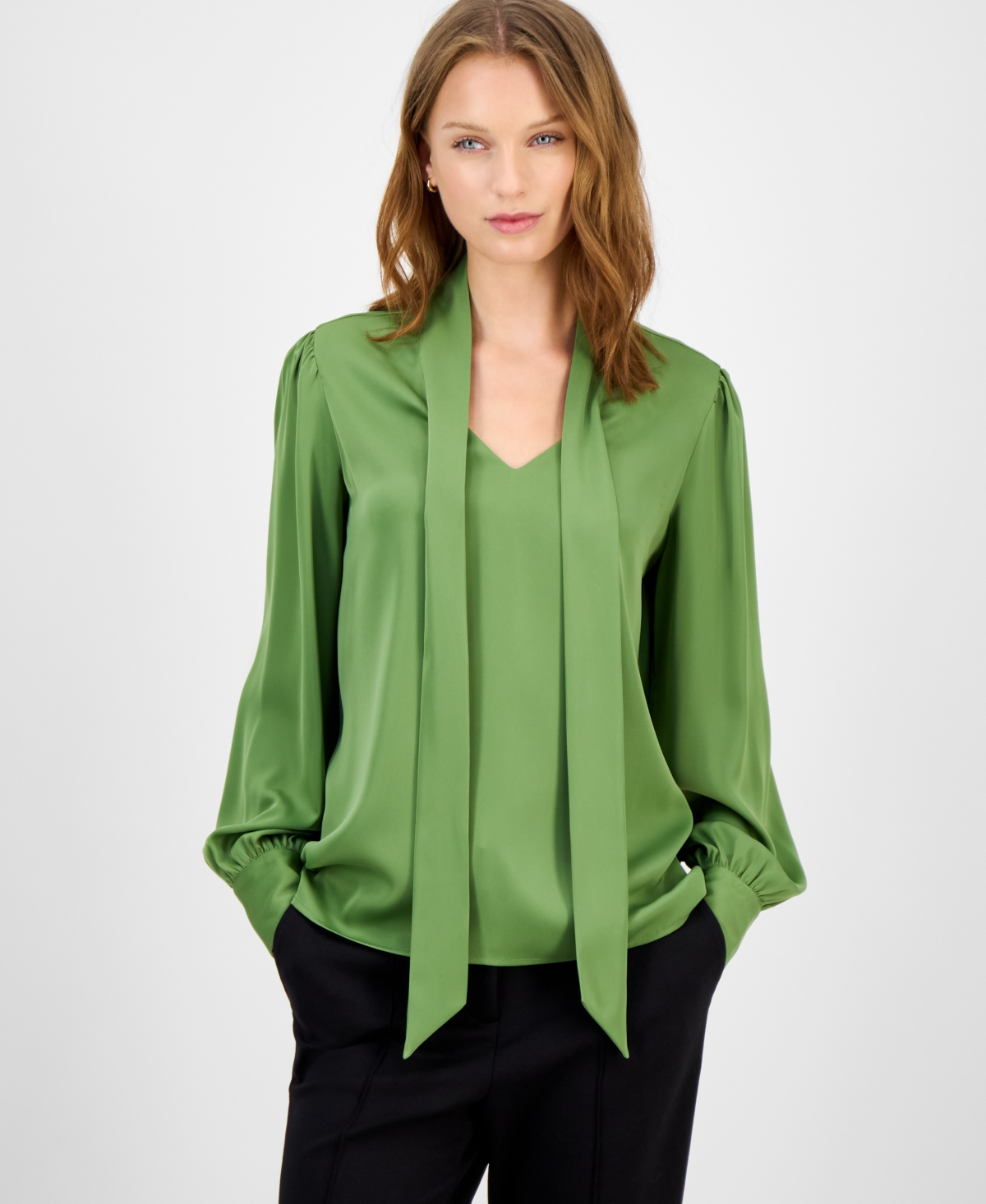 Click here for T Tahari Womens Bow-Neck Tie Blouse - Forest Moss prices