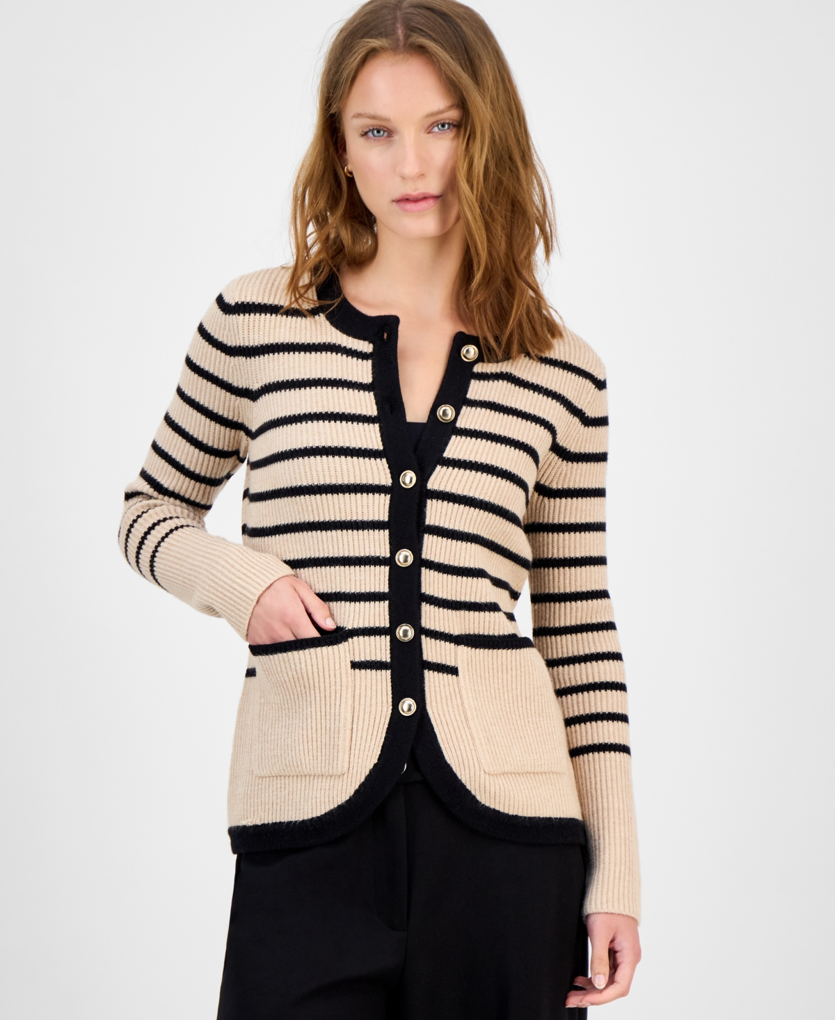 Click here for T Tahari Womens Striped Crewneck Cardigan - Stone... prices