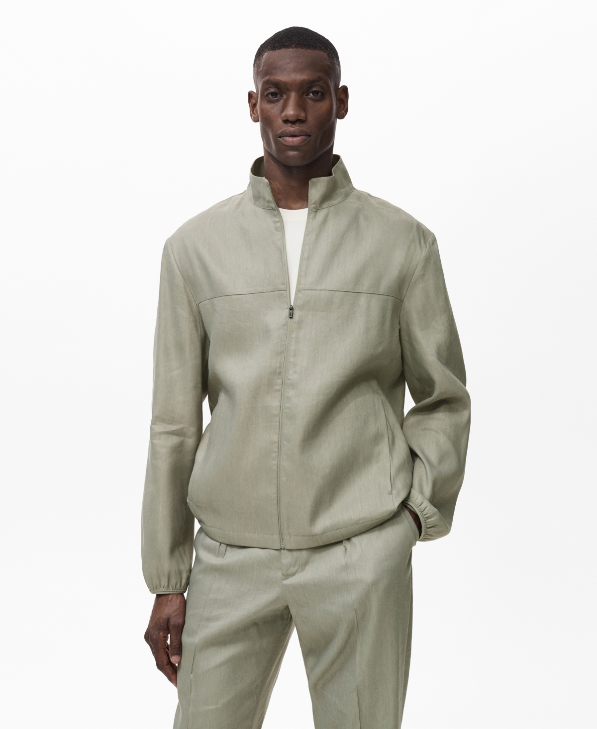 Click here for Mango Mens Zipper Linen Jacket - Olive Green prices