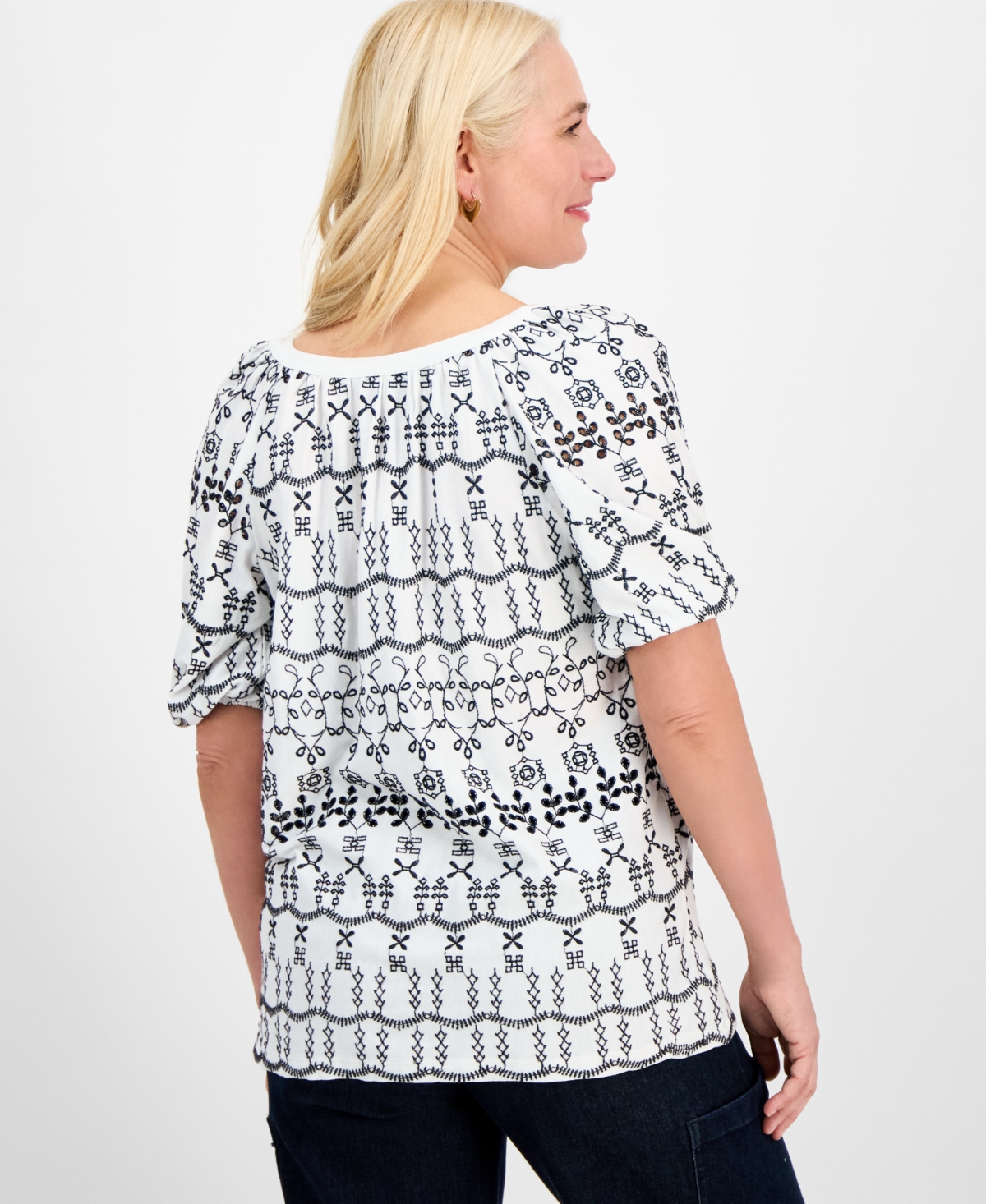 Click here for Style & Co Petite Eyelet Summer Split-Neck Top  Ex... prices