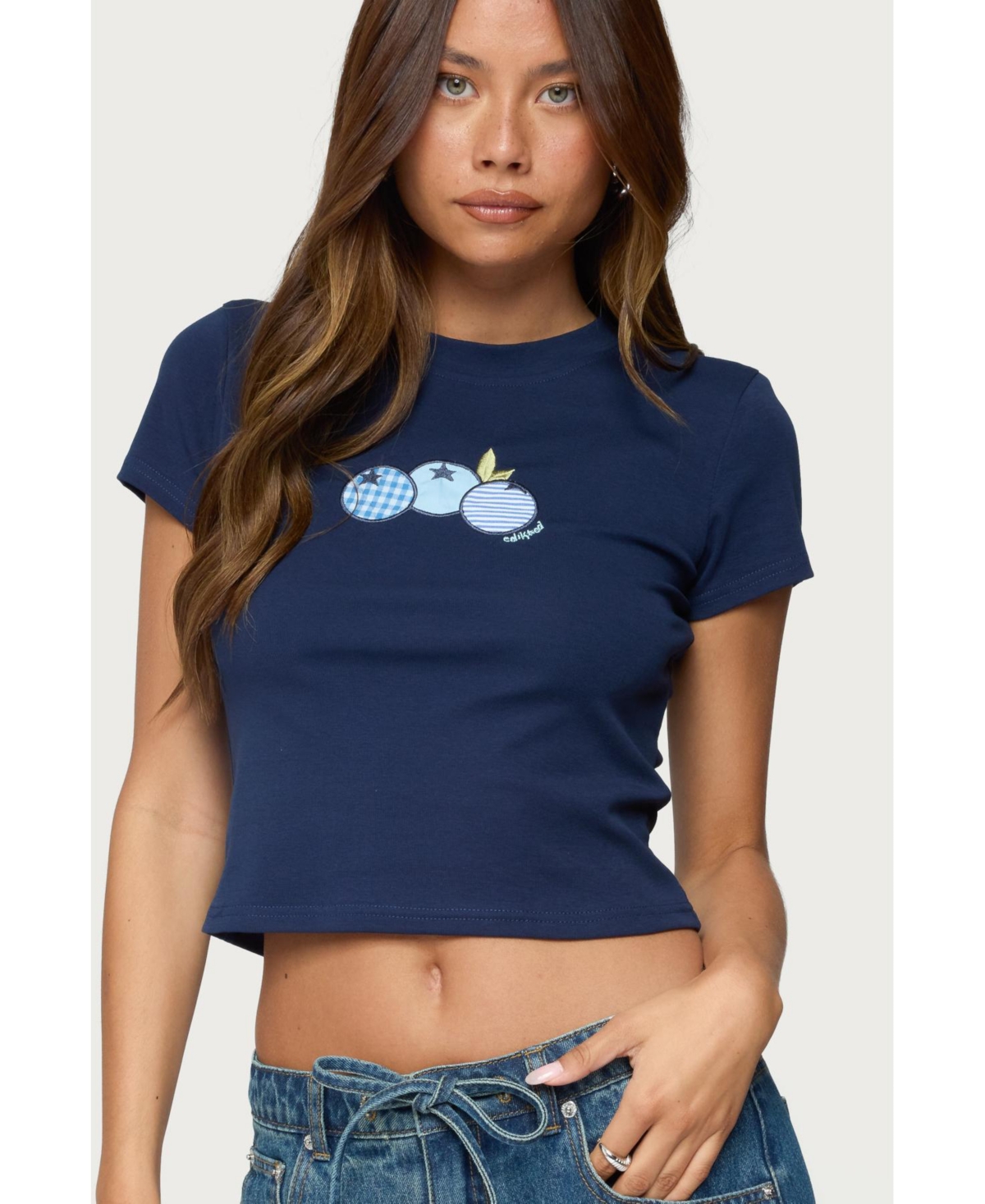 Click here for Edikted Womens Bluberry Patch T Shirt - Navy prices