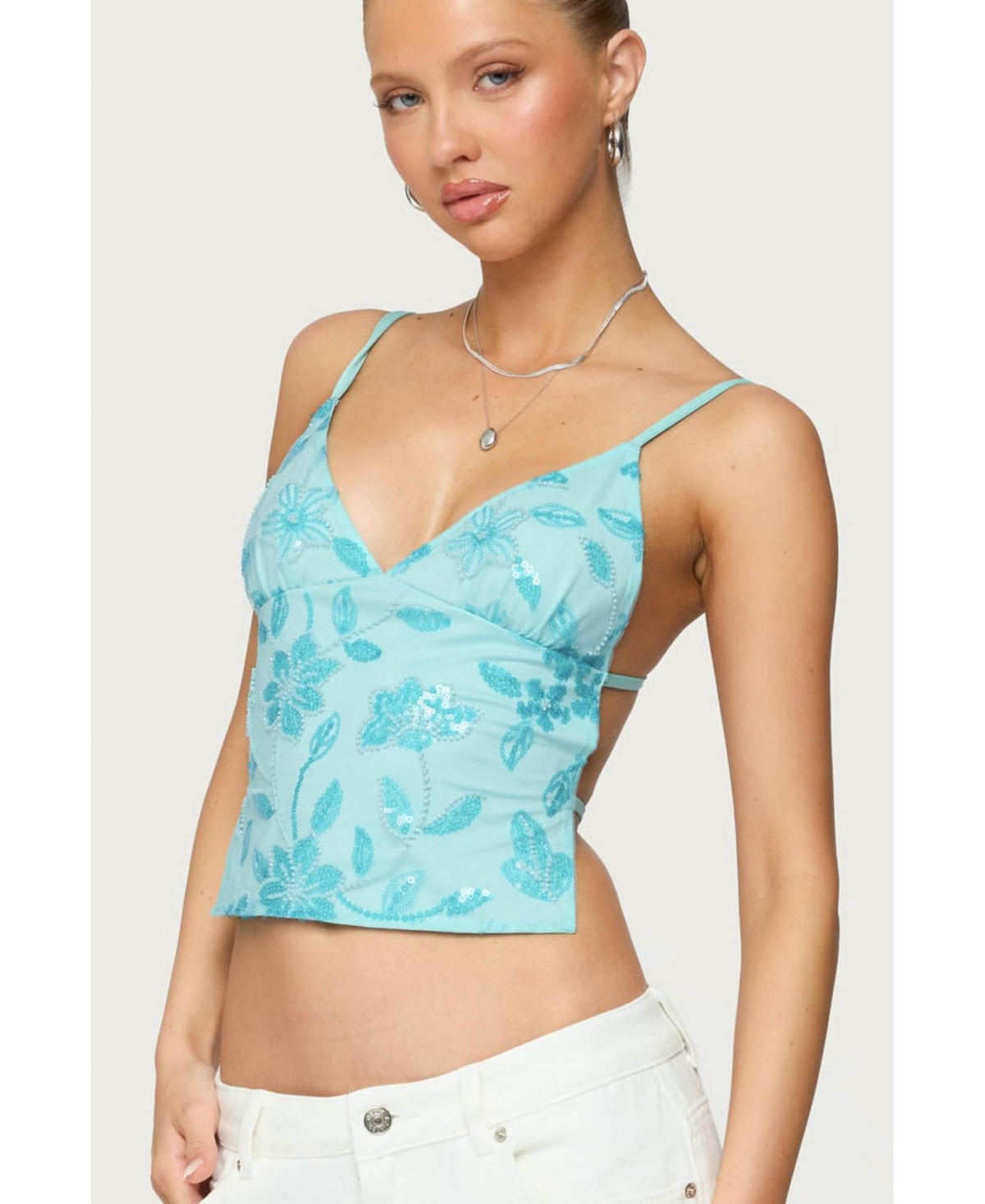 Click here for Edikted Womens Pia Sequin Floral Backless Top - Tu... prices