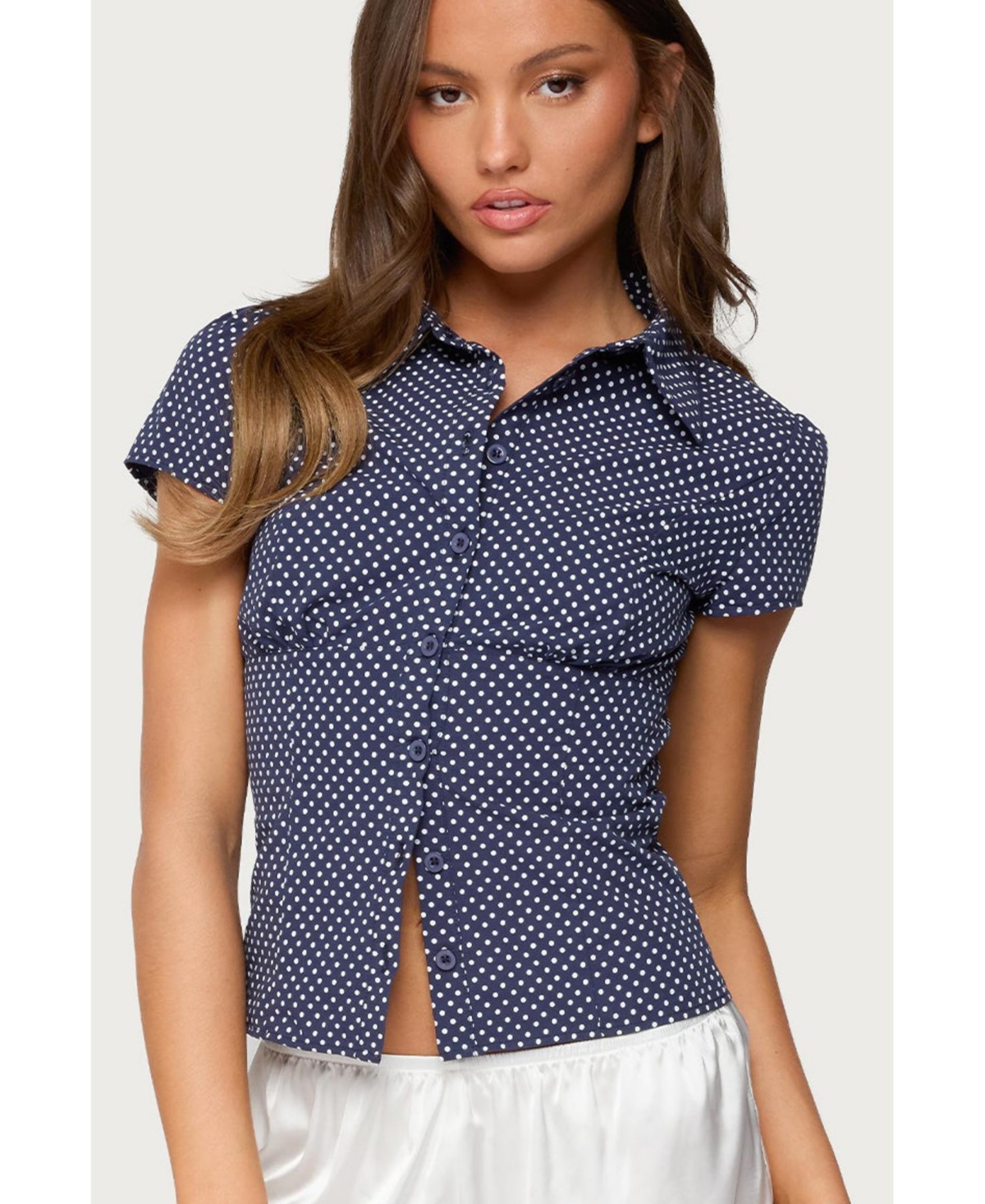 Edikted Womens Polka Dot Tailored Button Up Shirt - Navy