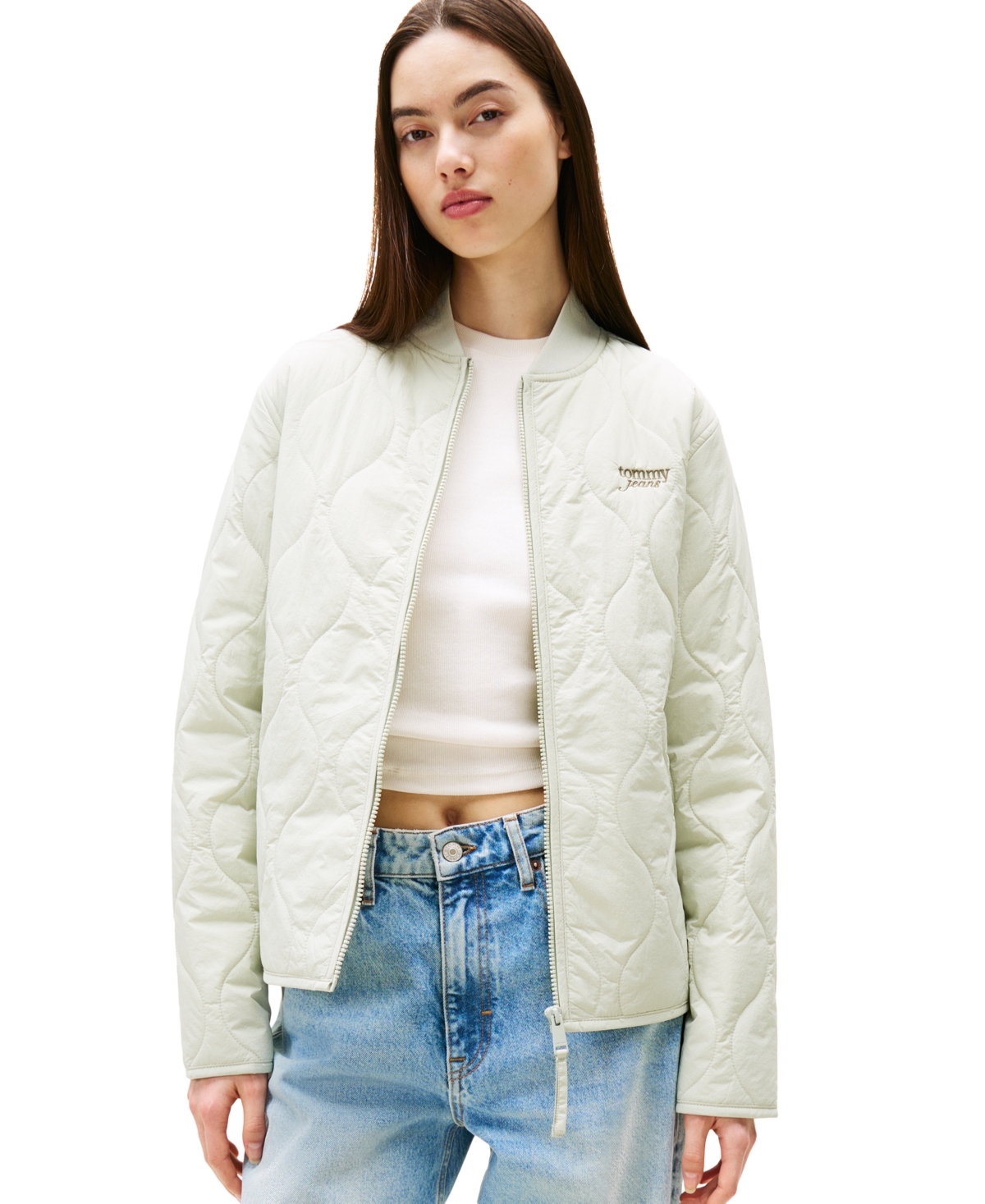 Click here for Tommy Jeans Womens Onion Quilt Logo Jacket - Misty... prices