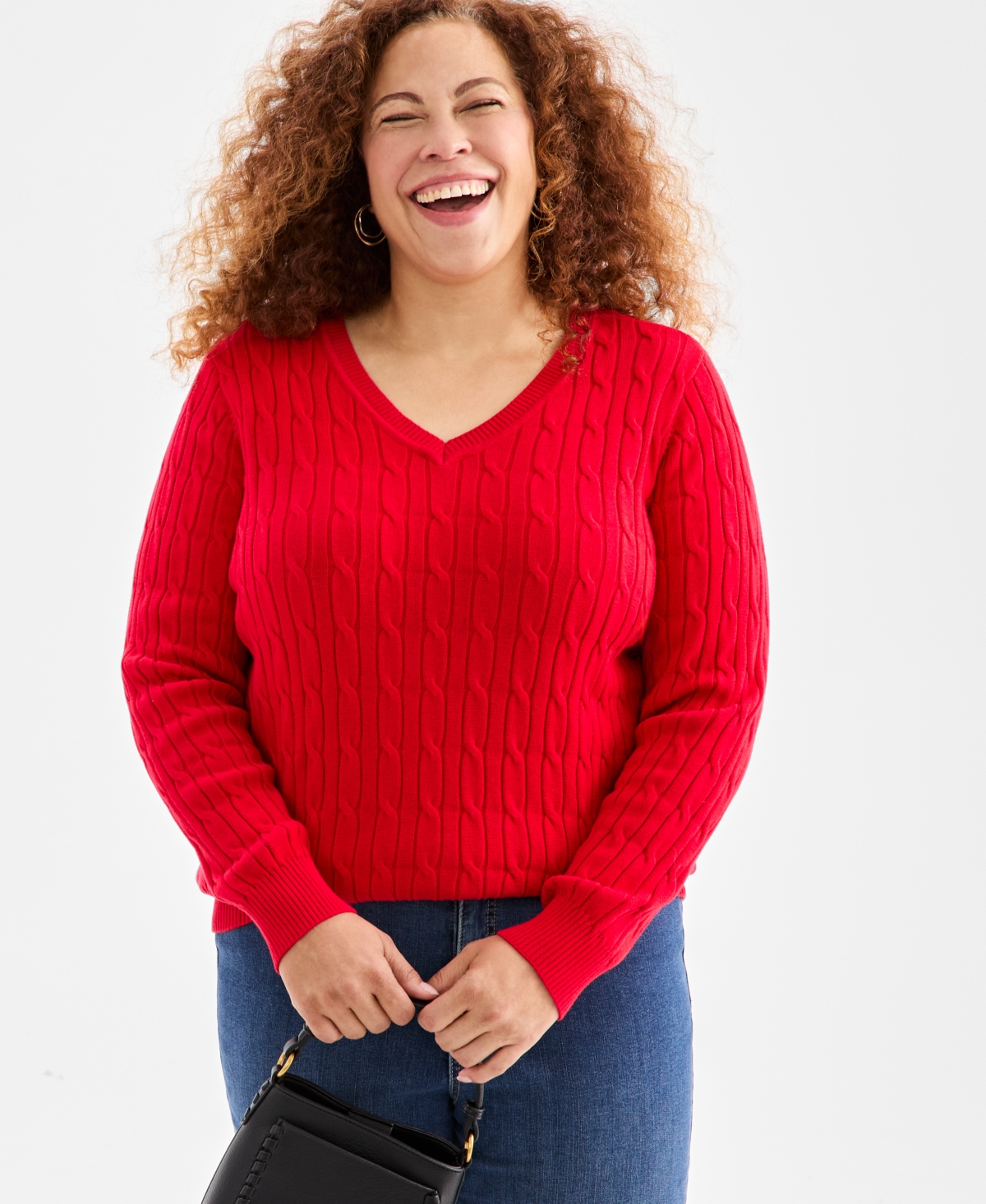 Style & Co Plus Size Cotton Cable-Knit V-Neck Sweater  Macys Exclusive - Tango Red