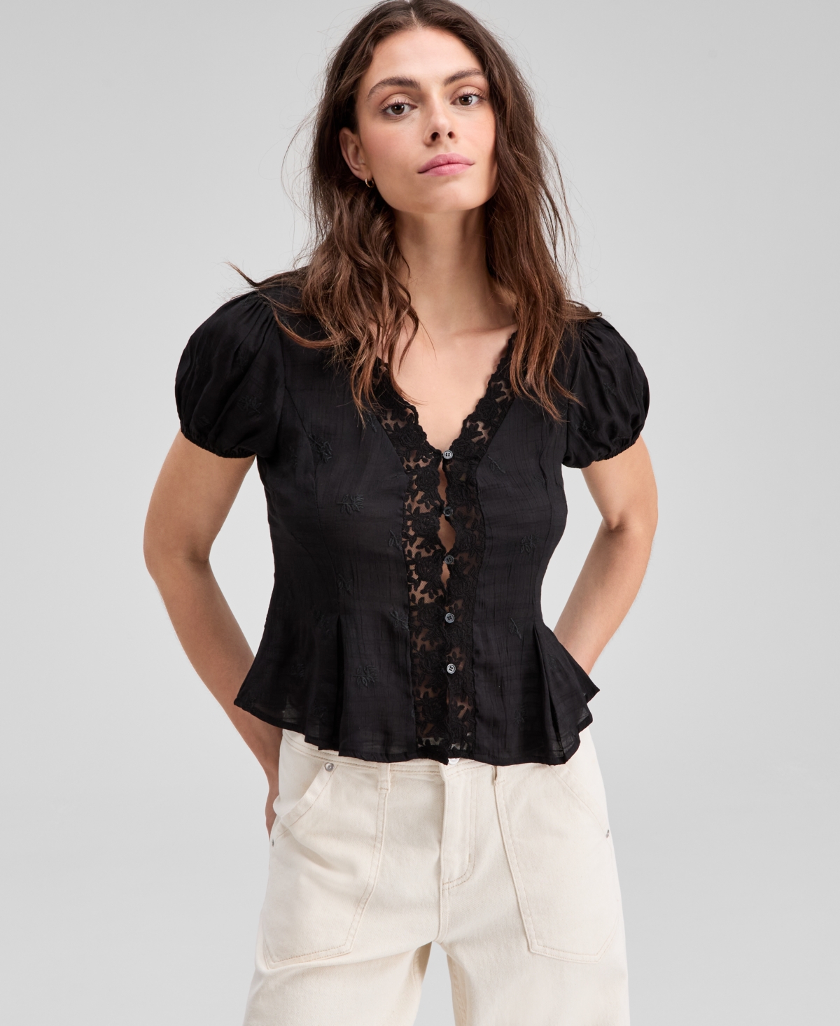 Click here for And Now This Womens Fitted Pleat-Detail Lace Blous... prices