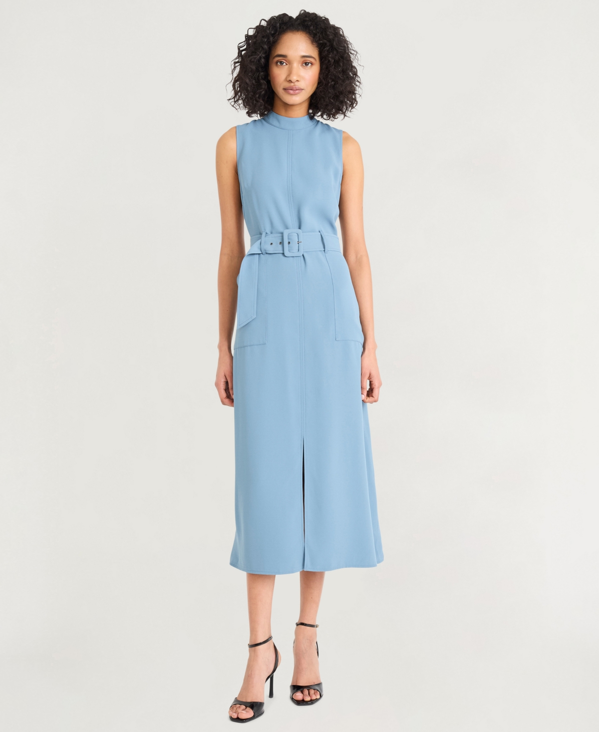 Click here for Luxely Womens Twill Belted Mock-Neck Sleeveless Dr... prices