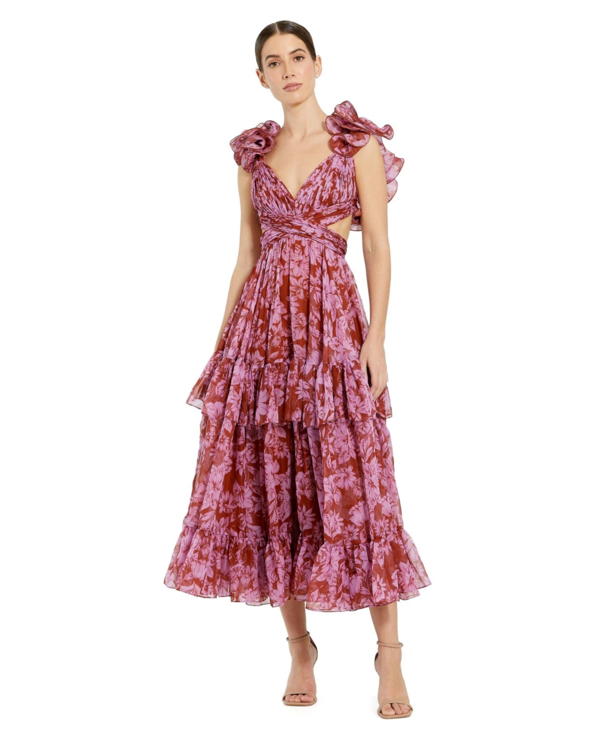 Click here for Mac Duggal Womens Ruffle Tiered Cut-Out Chiffon Dr... prices