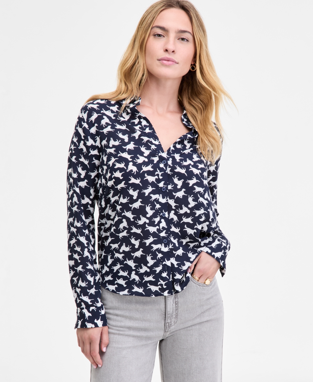 Click here for On 34th Womens Printed Silky Button-Front Shirt  E... prices