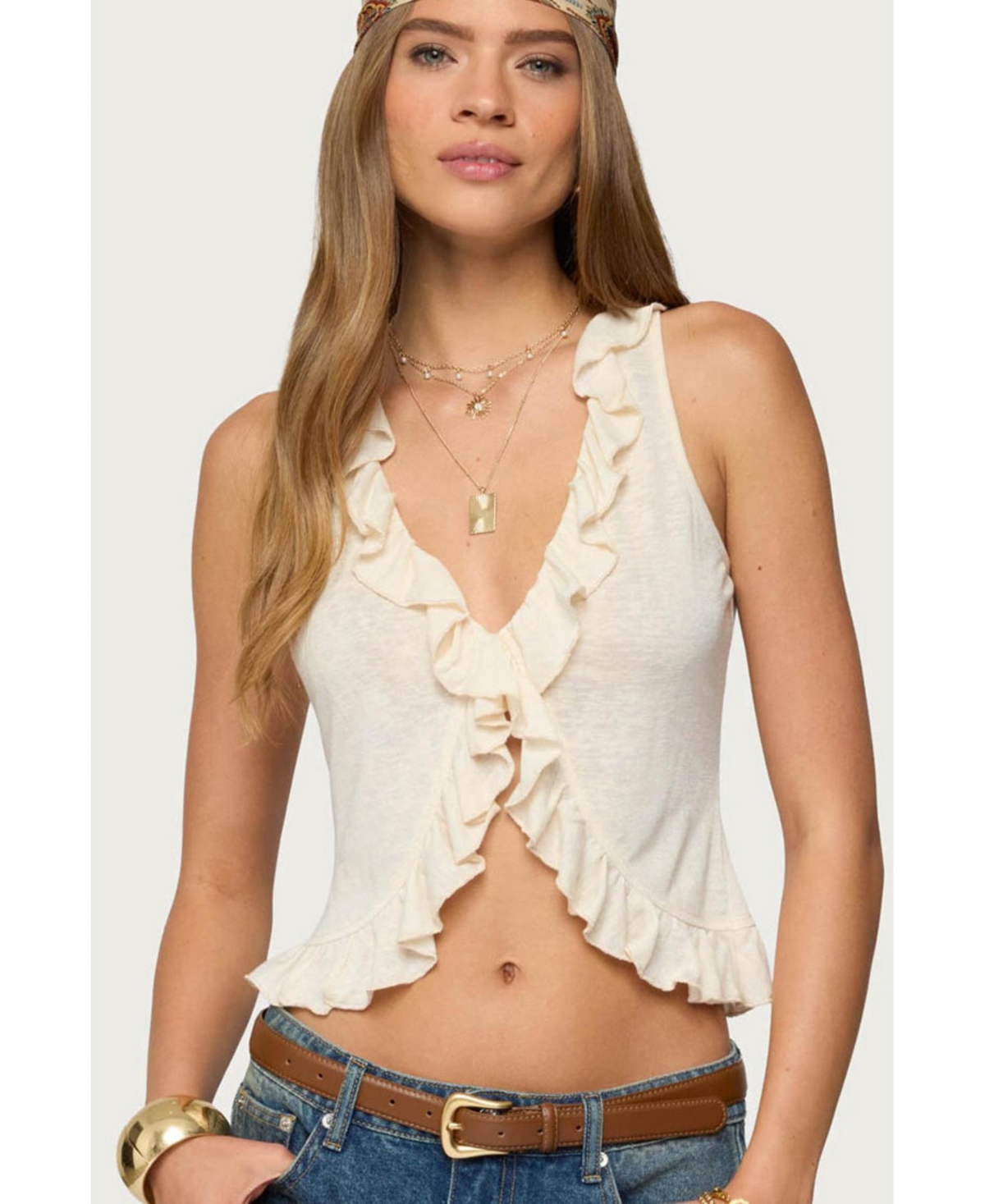 Click here for Edikted Womens Marsh Ruffle Split Front Top - Crea... prices