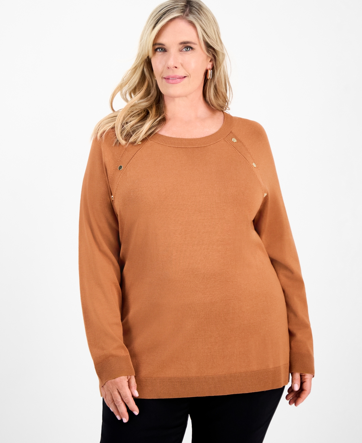 Jm Collection Plus Size Button-Trim Sweater  Macys Exclusive - Burnt Amber