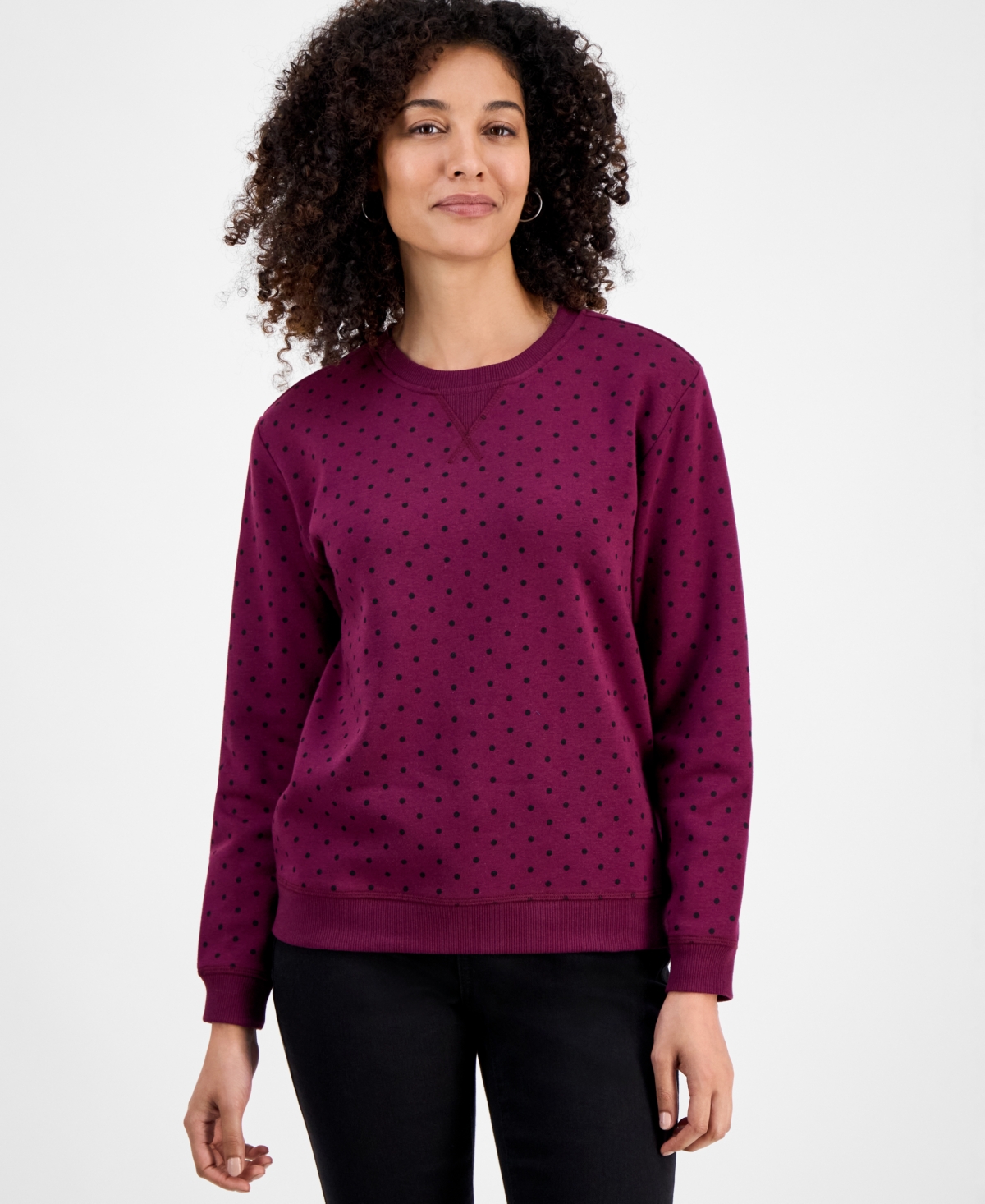 Style & Co Petite Polka Dot Crewneck Sweatshirt  Macys Exclusive - Deep Cranberry