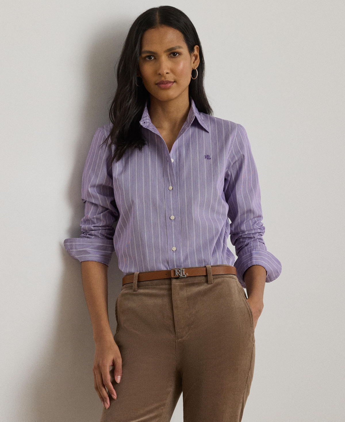 Lauren Ralph Lauren Womens Classic-Fit Striped Broadcloth Shirt - Purple/white Multi