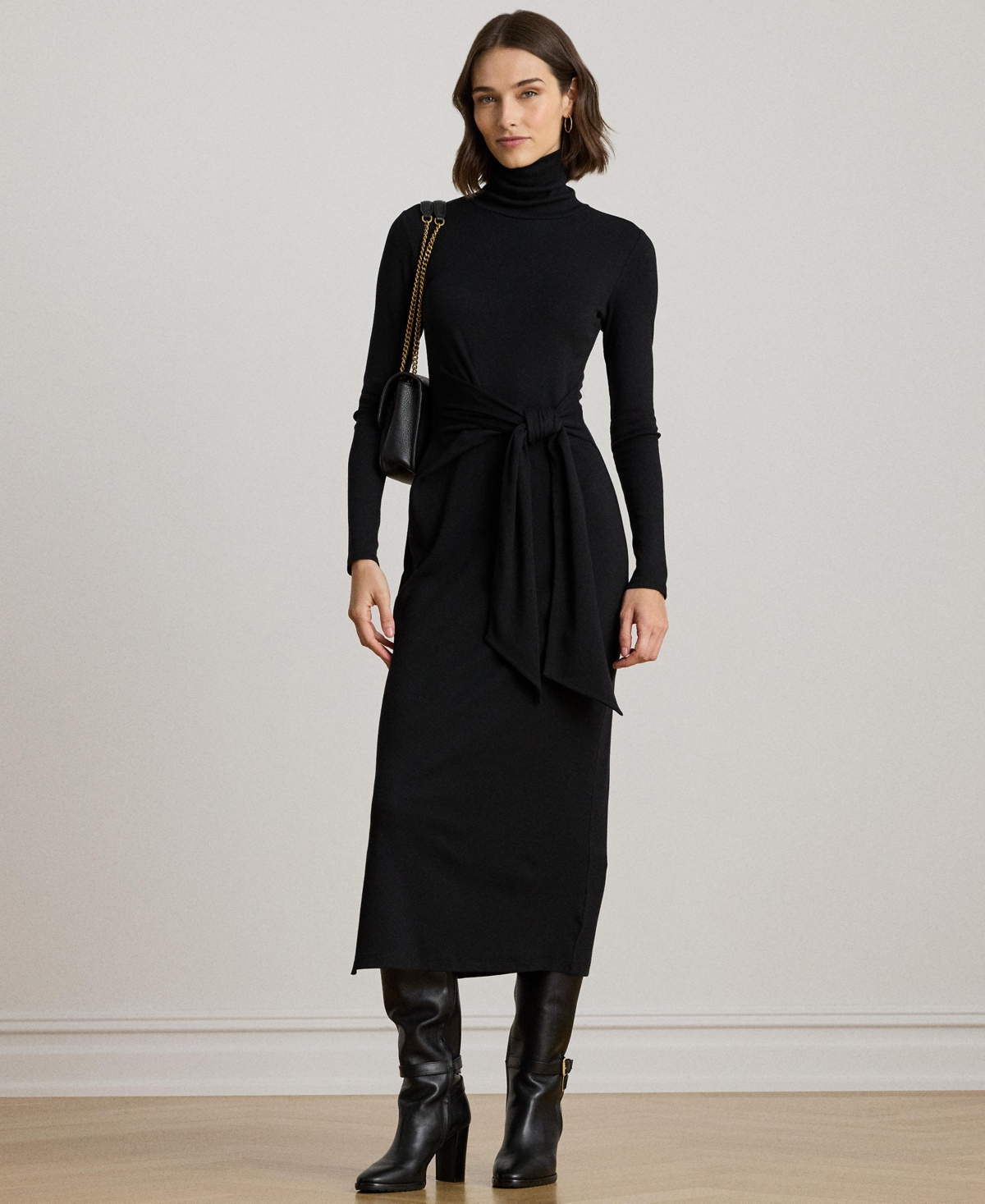 Lauren Ralph Lauren Womens Tie-Front Turtle Neck Dress - Black