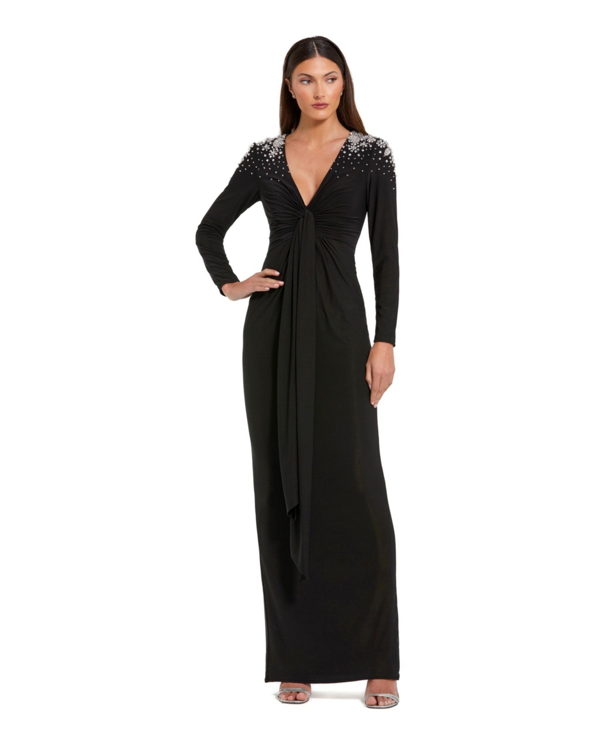 Click here for Mac Duggal Womens Jersey V Neck Faux Knot Gown Wit... prices